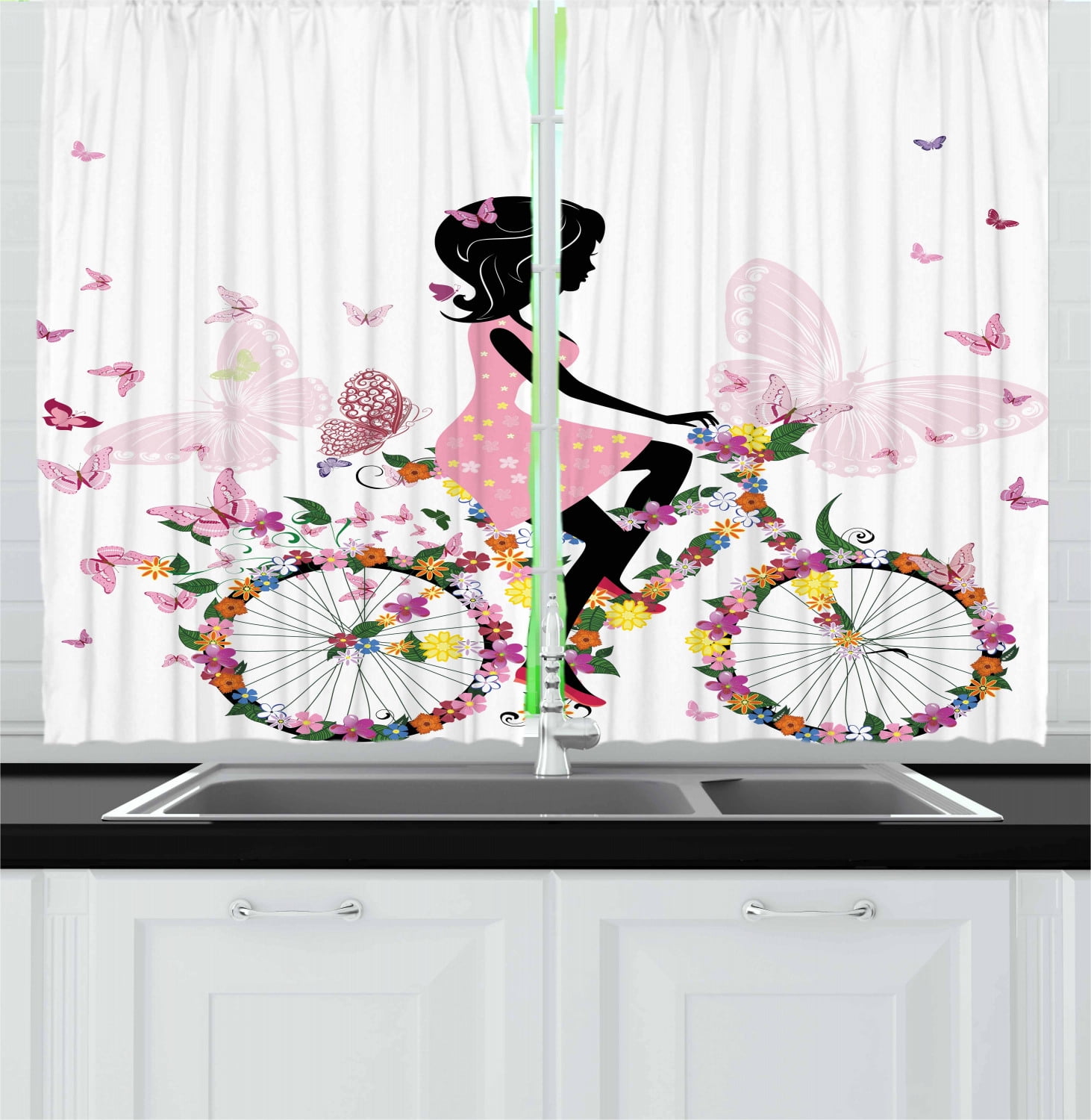 Ambesonne Bicycle Kitchen Curtains, Girl Flower Butterflies, 55"x39 ...