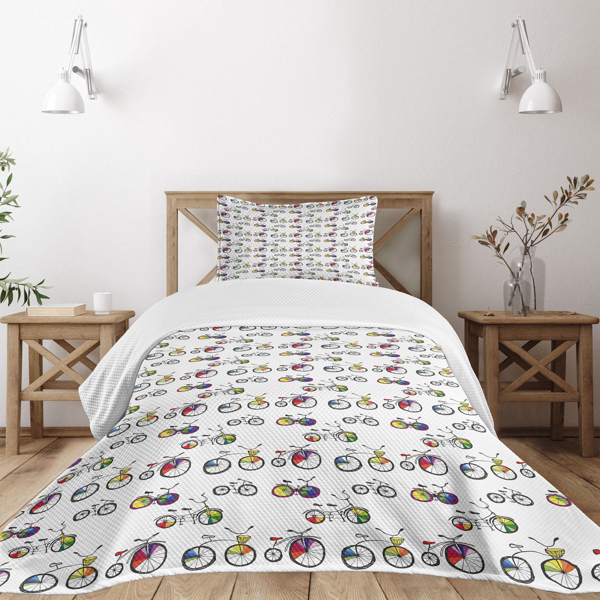 Ambesonne Bicycle Quilted Bedspread Set 2 Pcs, Penny-Farthing Tandem ...