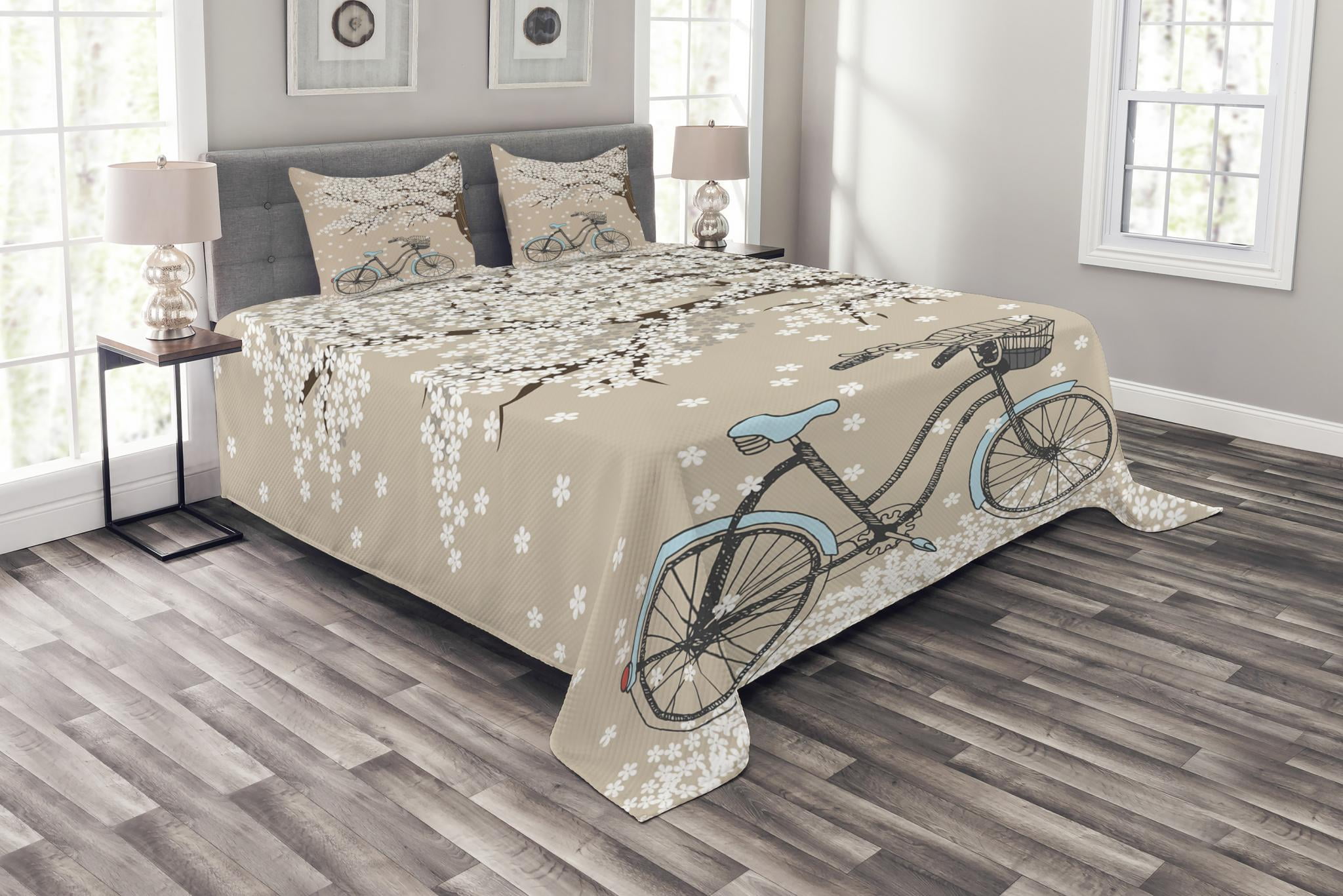 Ambesonne Bicycle Quilted Bedspread Set 3 Pcs, Blooming Tree in Spring ...