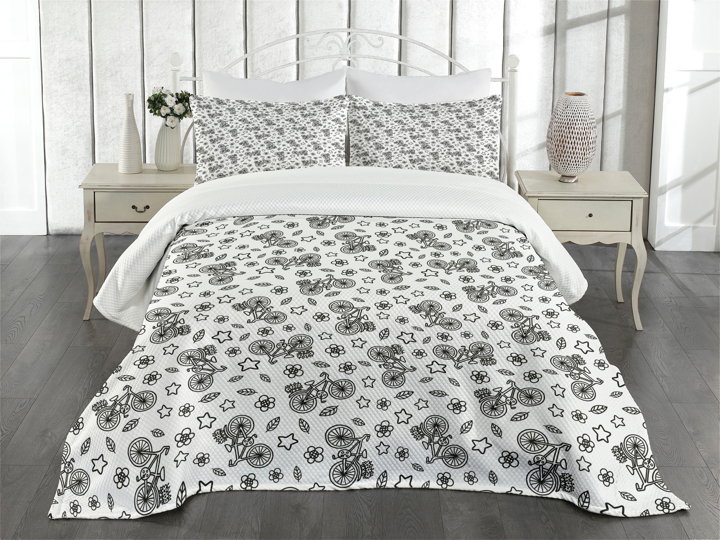 Ambesonne Bicycle Quilted Bedspread Set 3 Pcs, Flowers Stars in Black ...