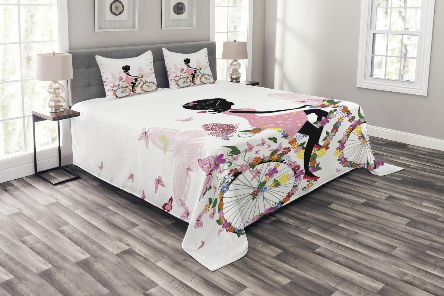 Ambesonne Bicycle Quilted Bedspread Set 3 Pcs, Girl Flower Butterflies ...