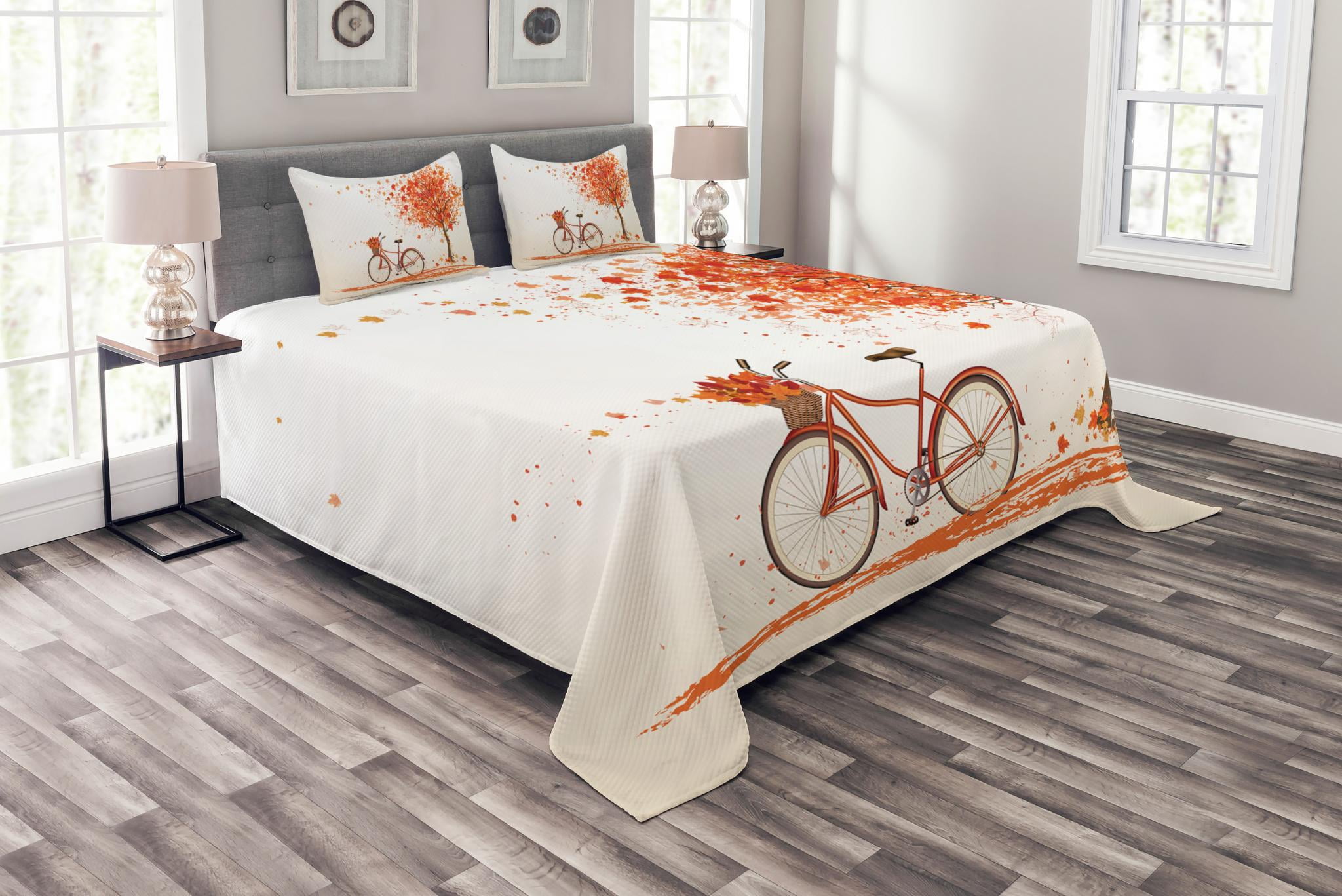 Ambesonne Bicycle Quilted Bedspread Set 3 Pcs, Orange Autumn Tree, King ...
