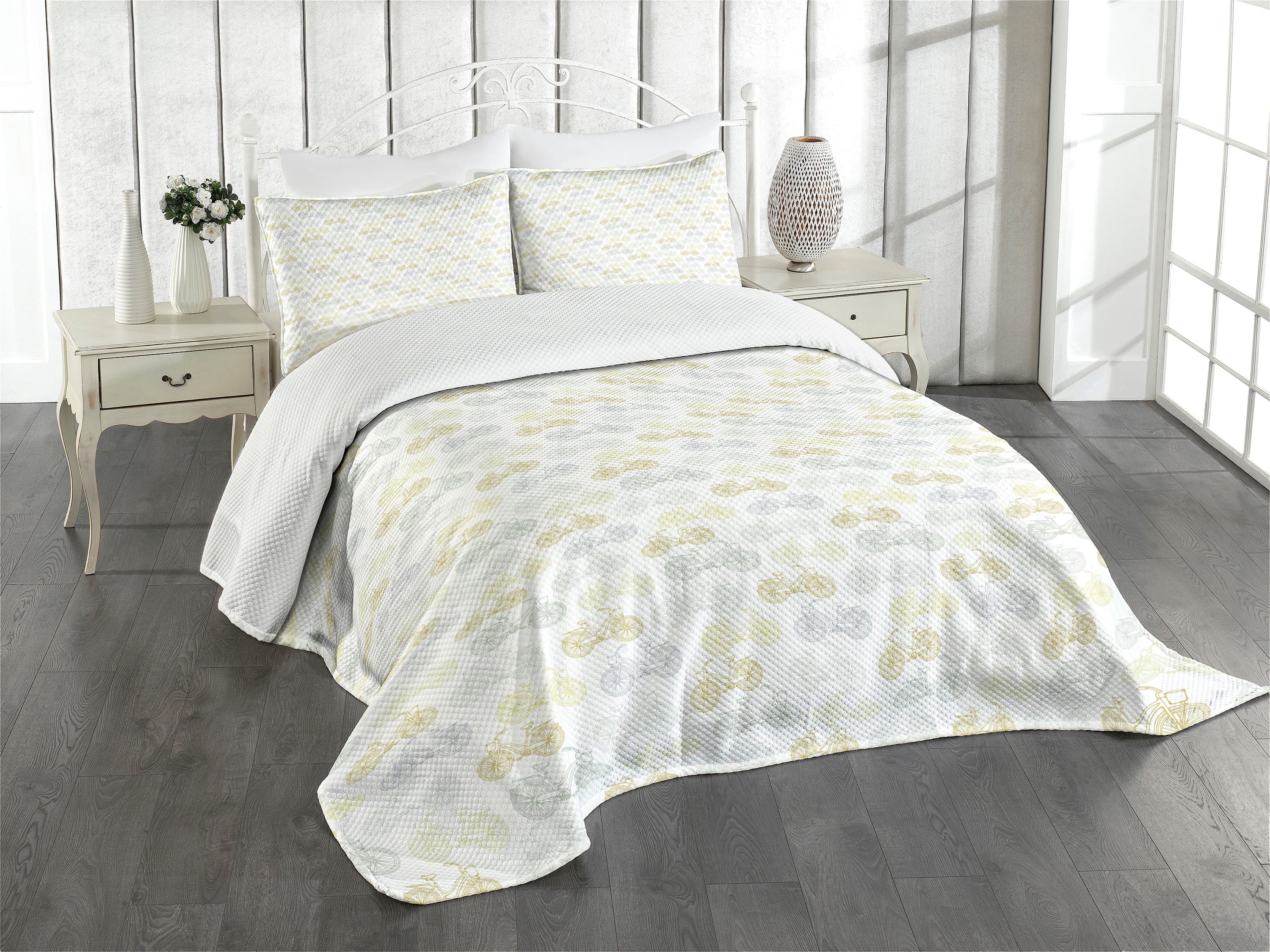 Ambesonne Bicycle Quilted Bedspread Set 3 Pcs, Pastel Retro Classical ...