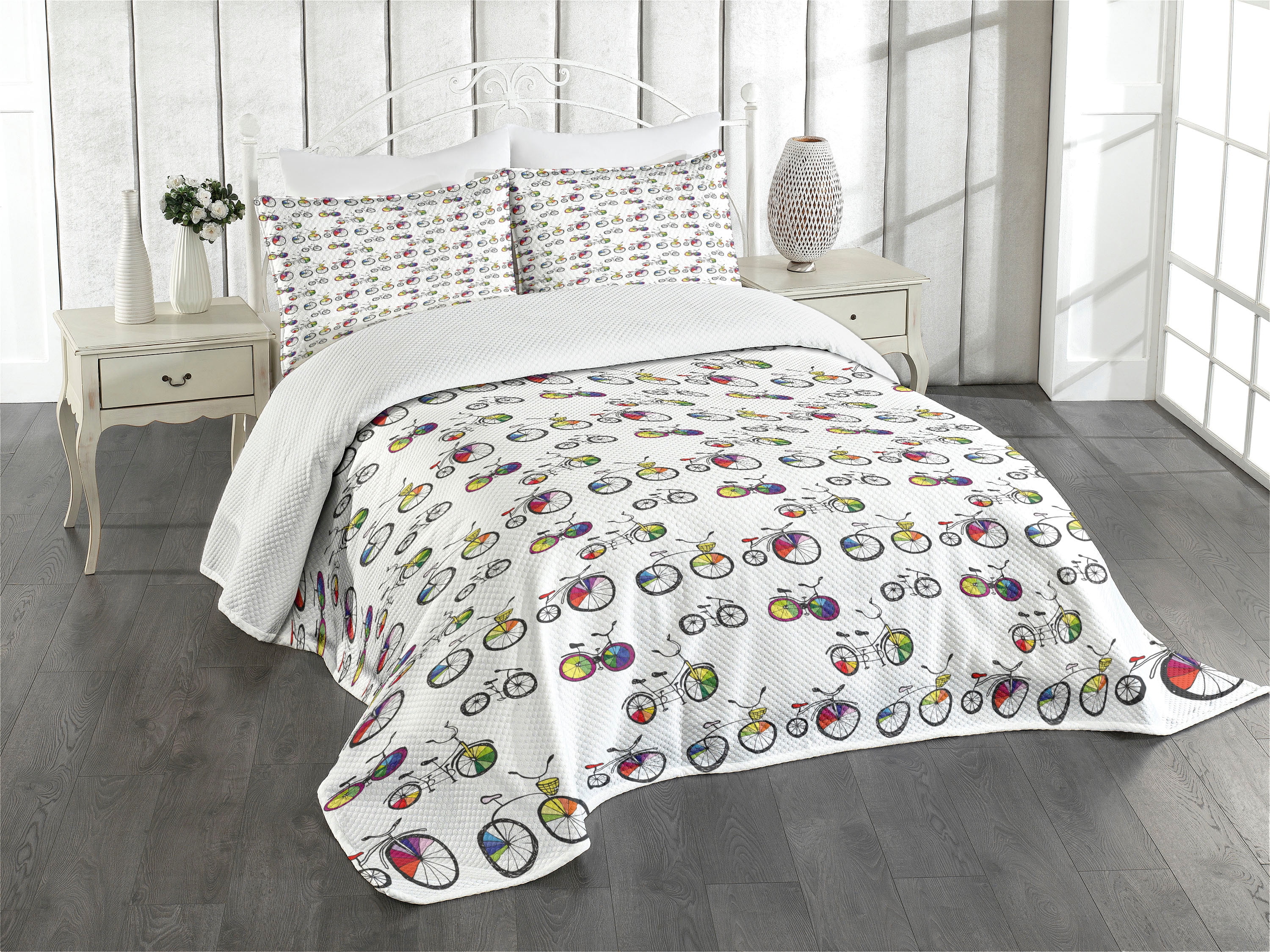 Ambesonne Bicycle Quilted Bedspread Set 3 Pcs, Penny-Farthing Tandem ...