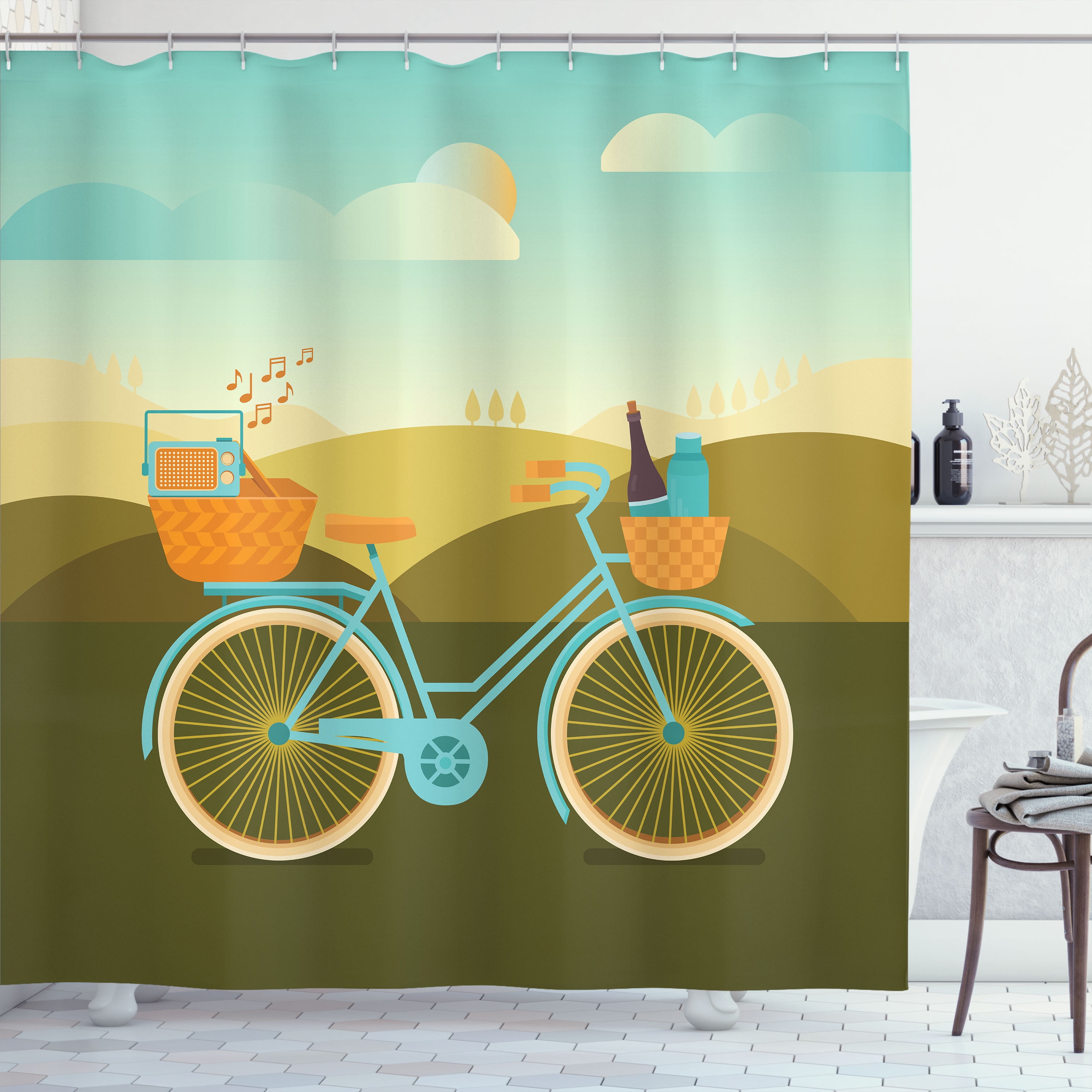 Ambesonne Bicycle Shower Curtain, Camping Picnic Themed Bike, 69"Wx70"L ...