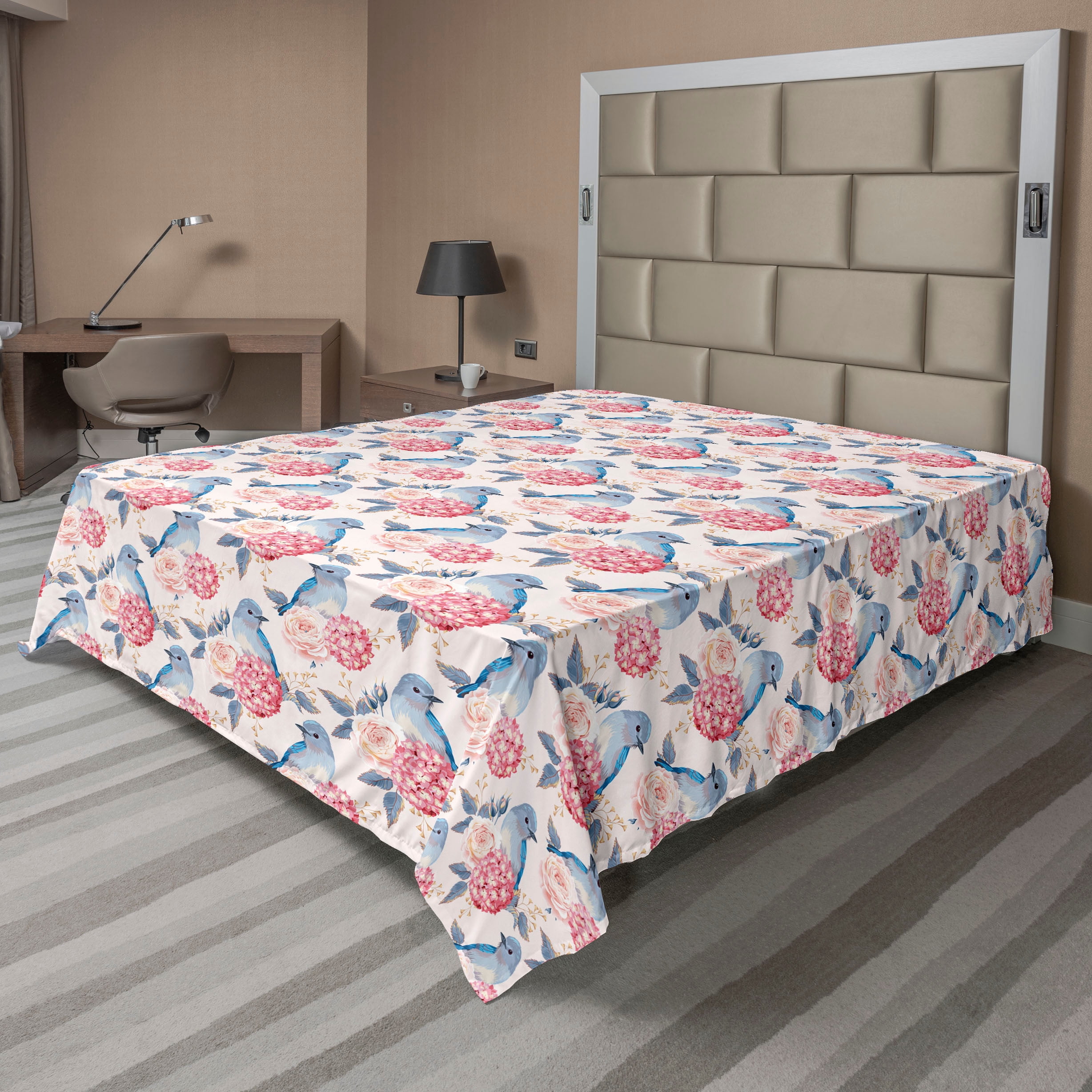 Ambesonne Bird Print Flat Bedding Sheet Soft Top Sheet, Hydrengea Peony ...