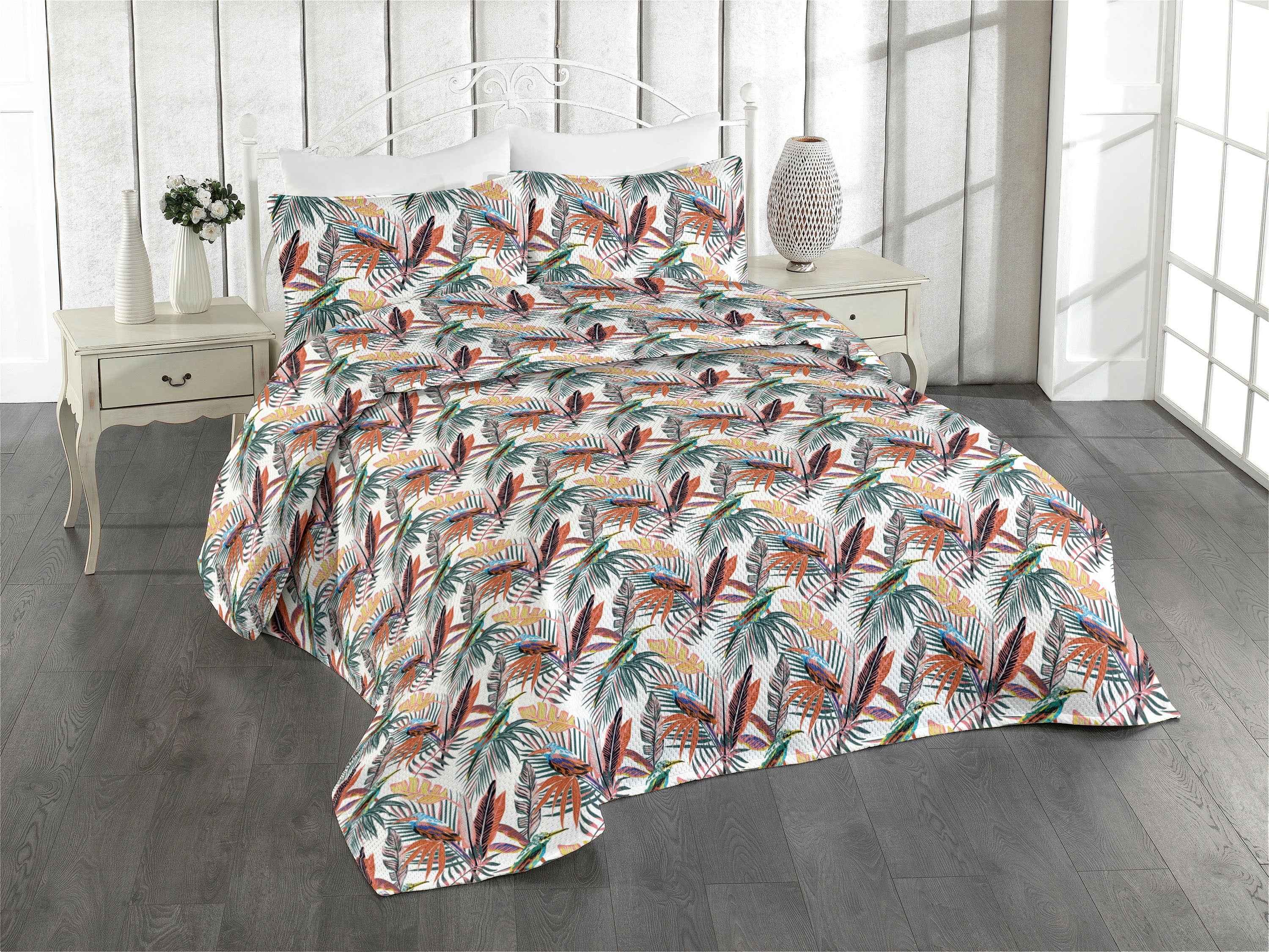 Ambesonne Bird Print Quilted Bedspread Set 3 Pcs, Art Jungle Leaves ...