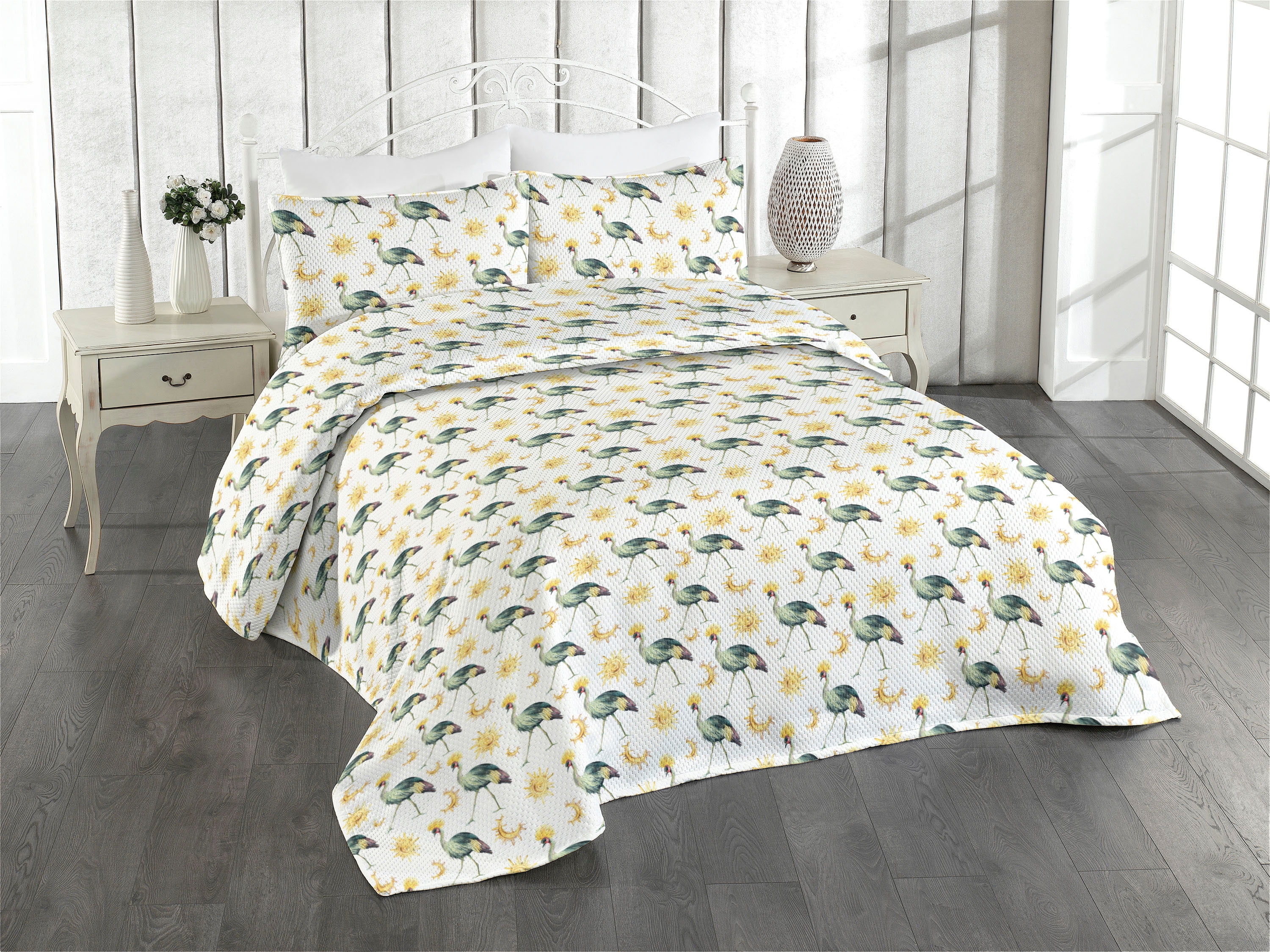 Ambesonne Bird Print Quilted Bedspread Set 3 Pcs, Boho Sun and Moon ...