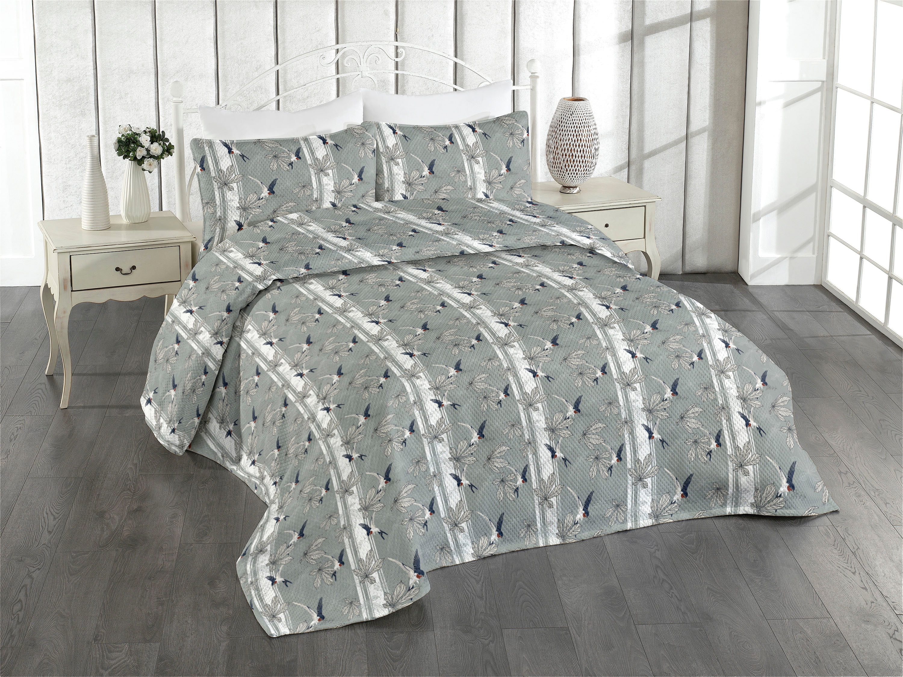 Ambesonne Bird Print Quilted Bedspread Set 3 Pcs, Retro Art Forest ...