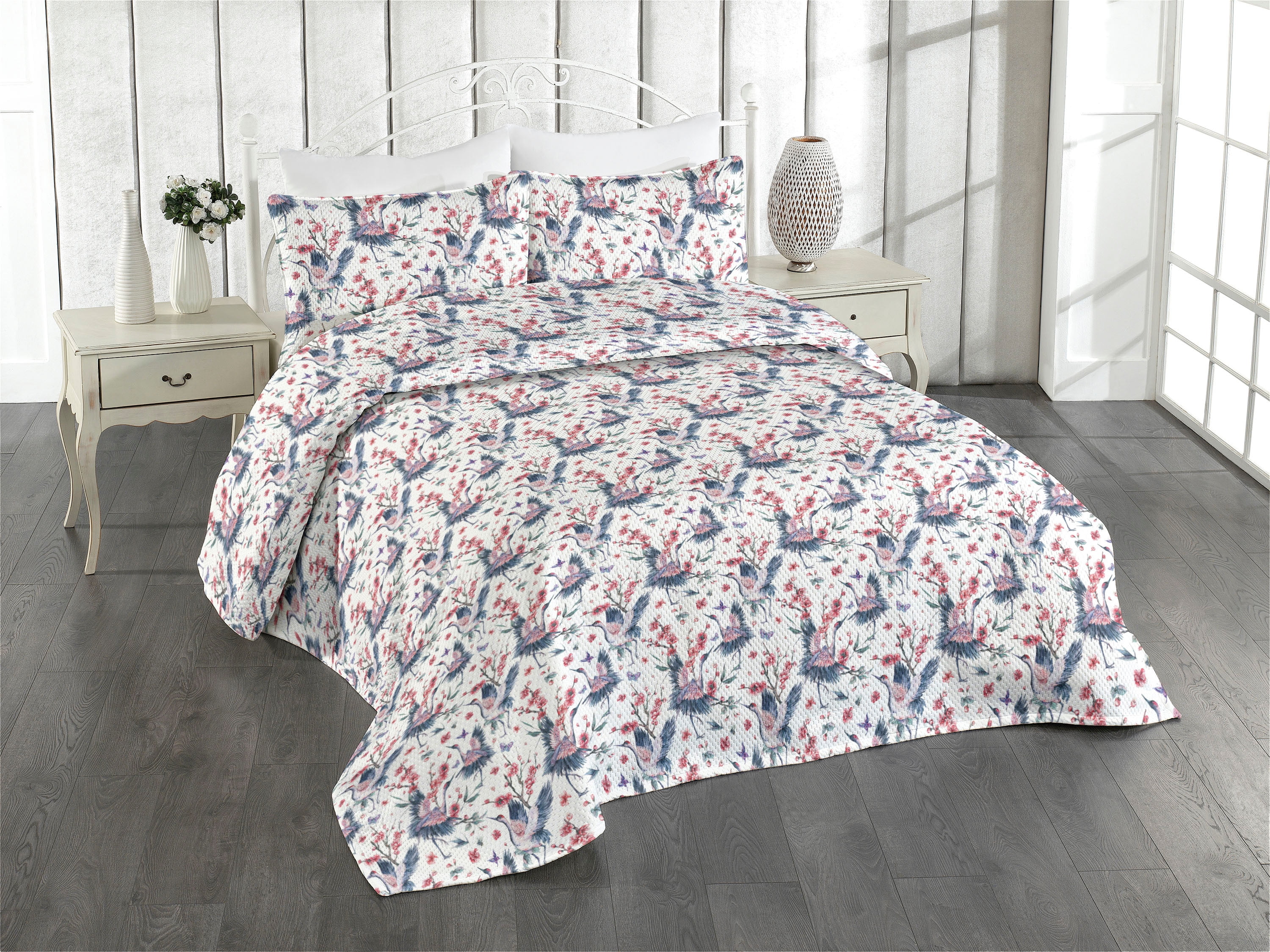 Ambesonne Bird Print Quilted Bedspread Set 3 Pcs, Retro Wild Floral ...