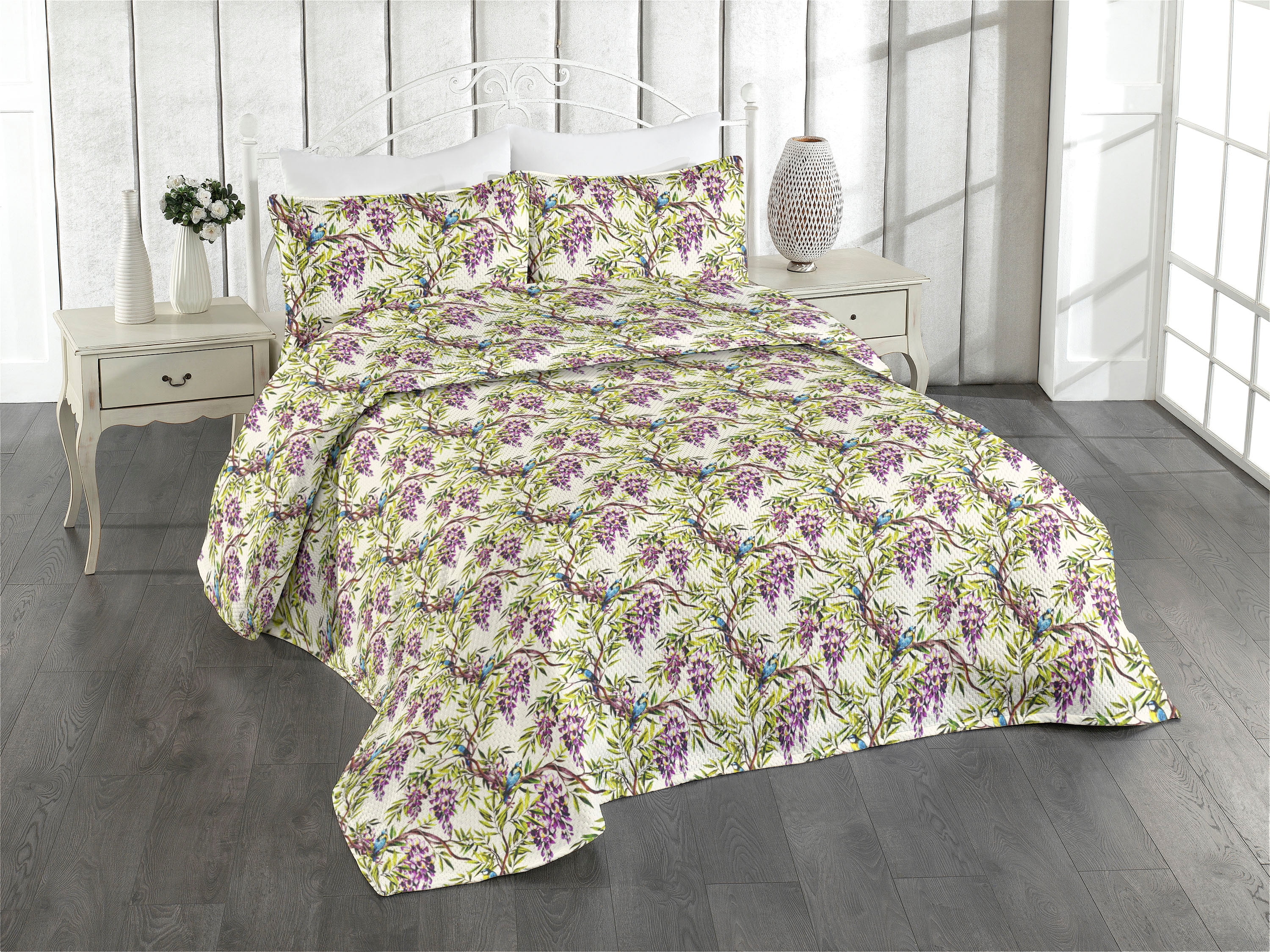 Ambesonne Bird Print Quilted Bedspread Set 3 Pcs, Spring Art Tree ...