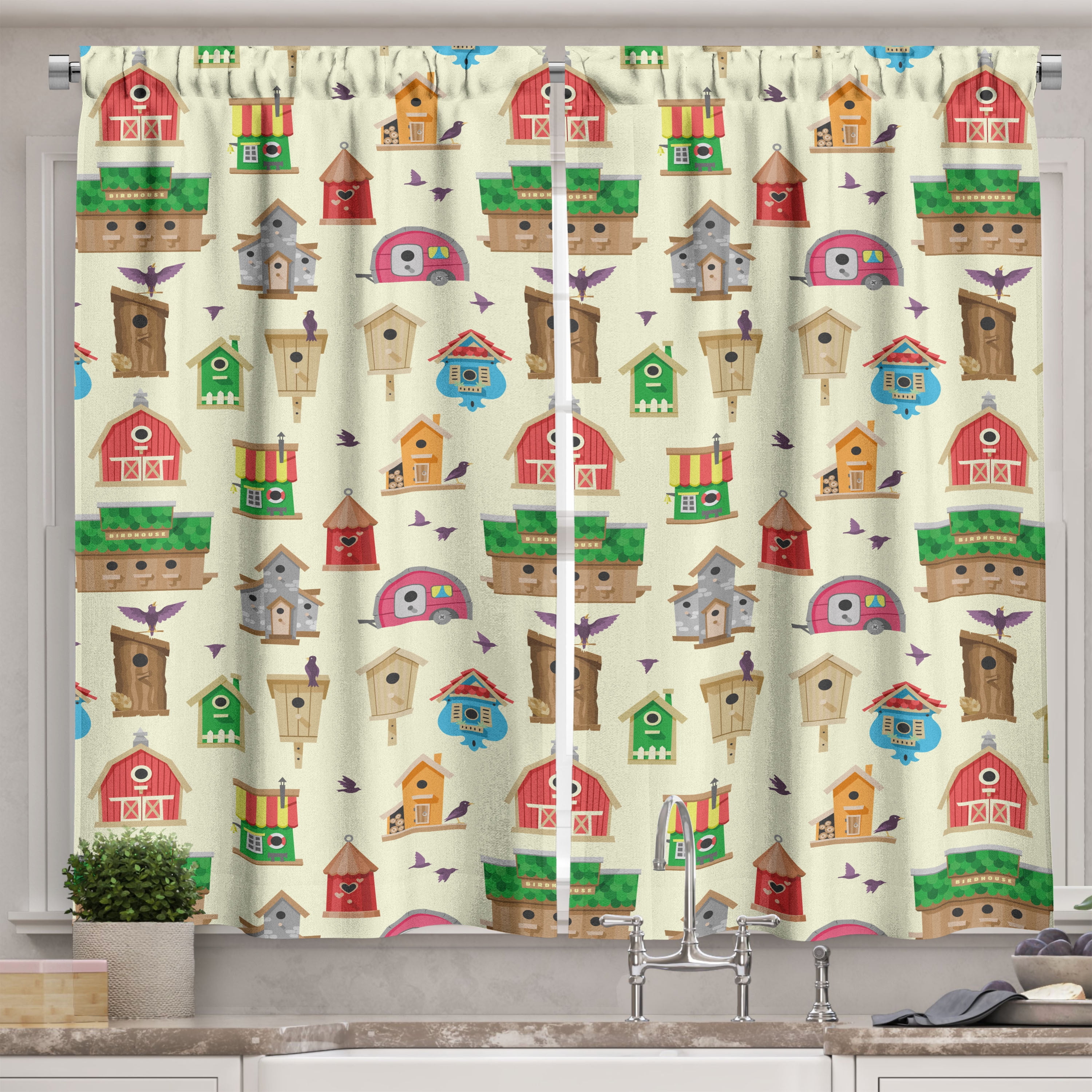 Ambesonne Birdhouse Kitchen Curtains, Human Made Bird Nest Art, 55"x45 ...