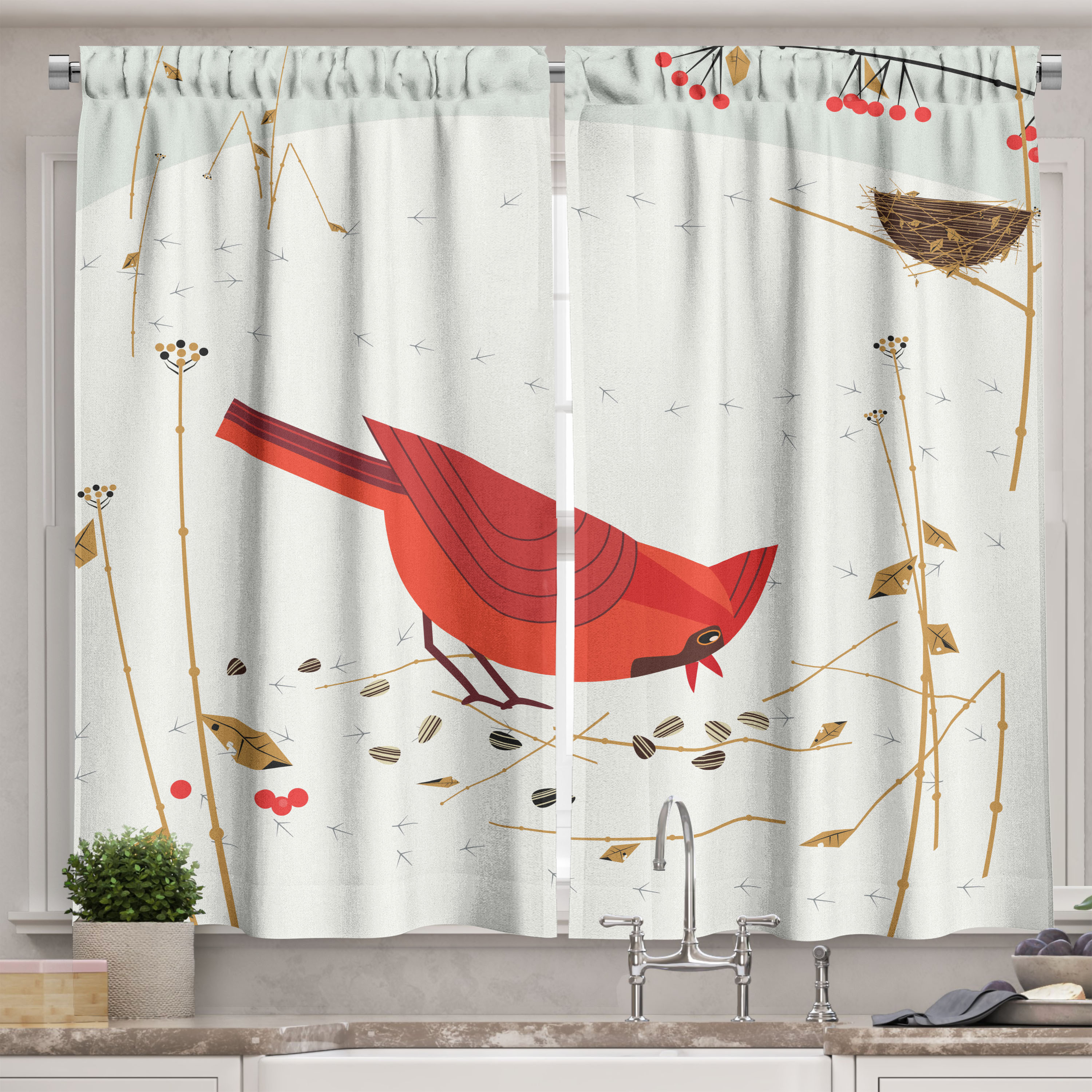 Ambesonne Birdhouse Kitchen Curtains, Red Cardinal in Autumn, 55"x45 ...