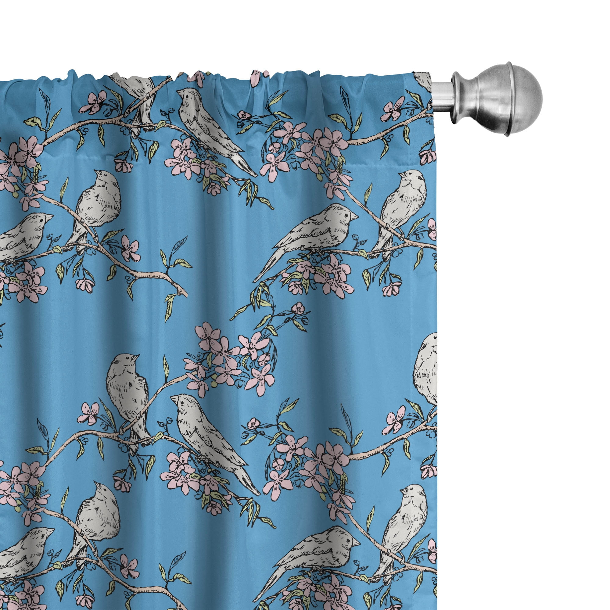 Ambesonne Birds 4-Panel Curtains, Cherry Blossom and Finches, 56"x95", Pale Pink Azure Blue ...