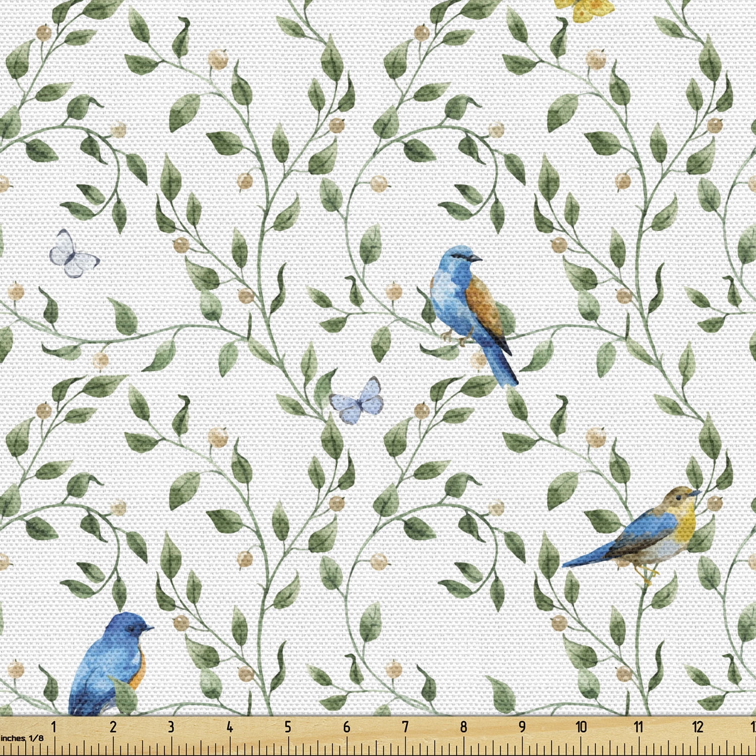 Ambesonne Birds Fabric by the Yard Upholstery, Thin Leafy Branches ...