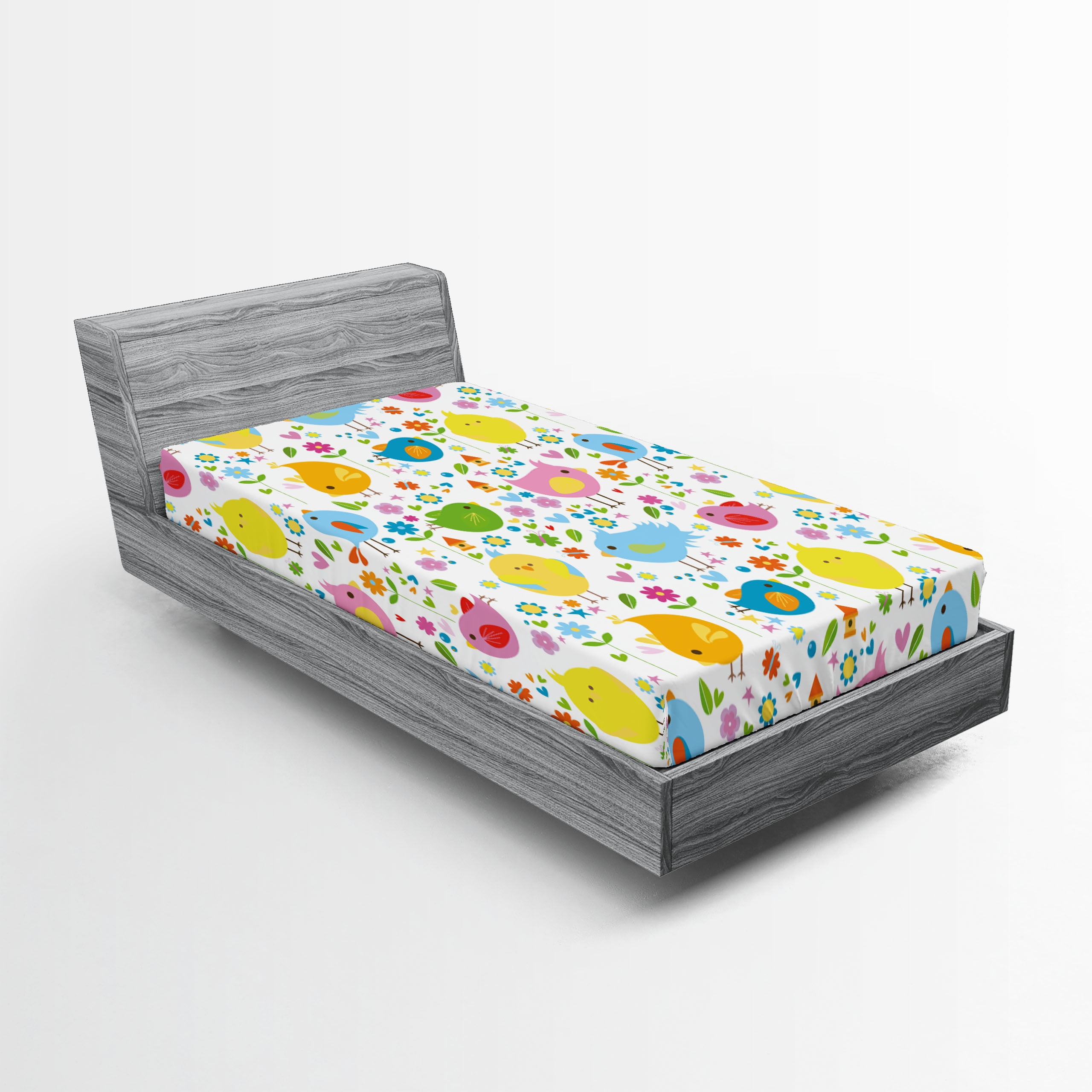 Ambesonne Birds Fitted Sheet, Colorful Birds and Flowers, Twin Size ...