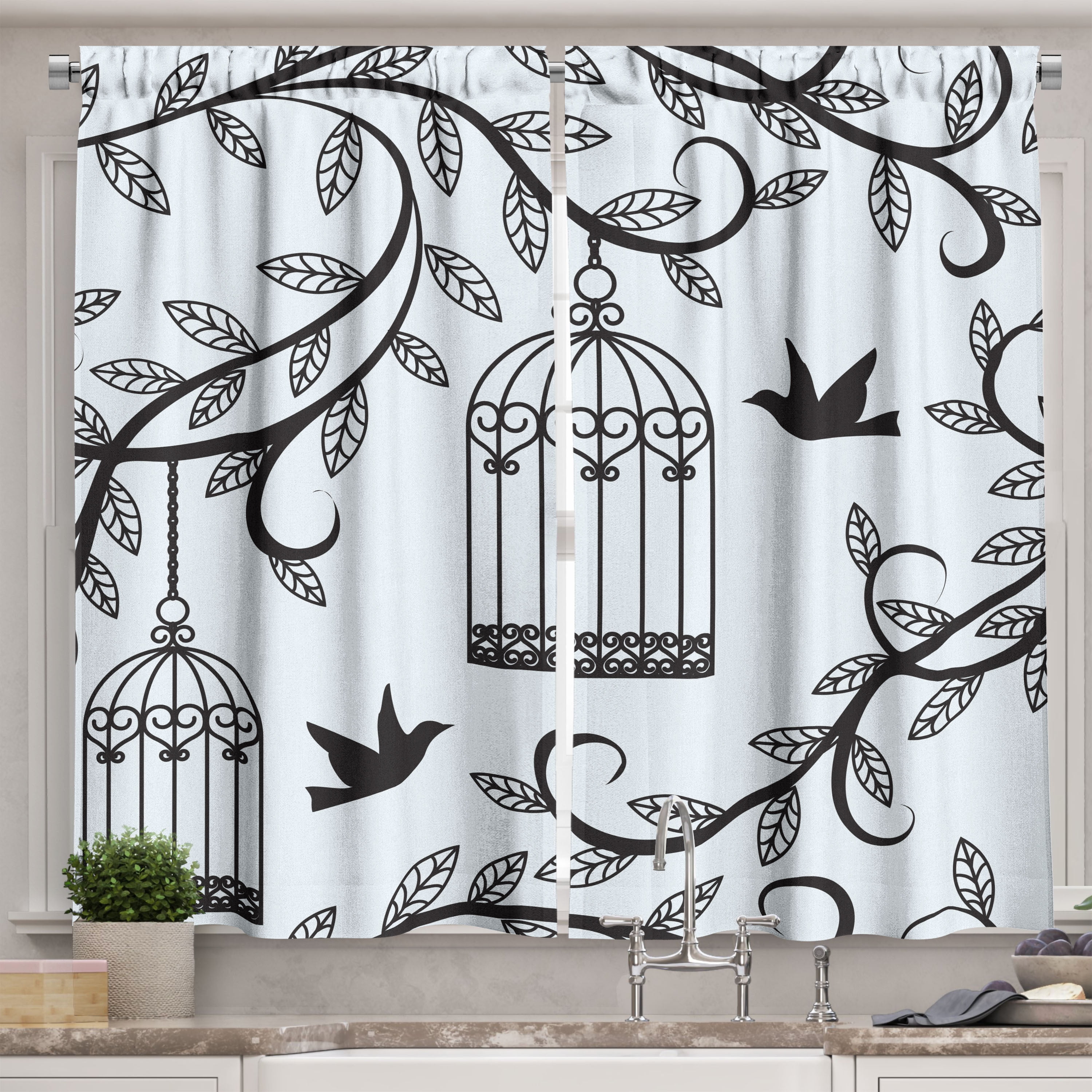 Ambesonne Birds Kitchen Curtains, Branch of Floral Tree, 55"x45", Blue ...