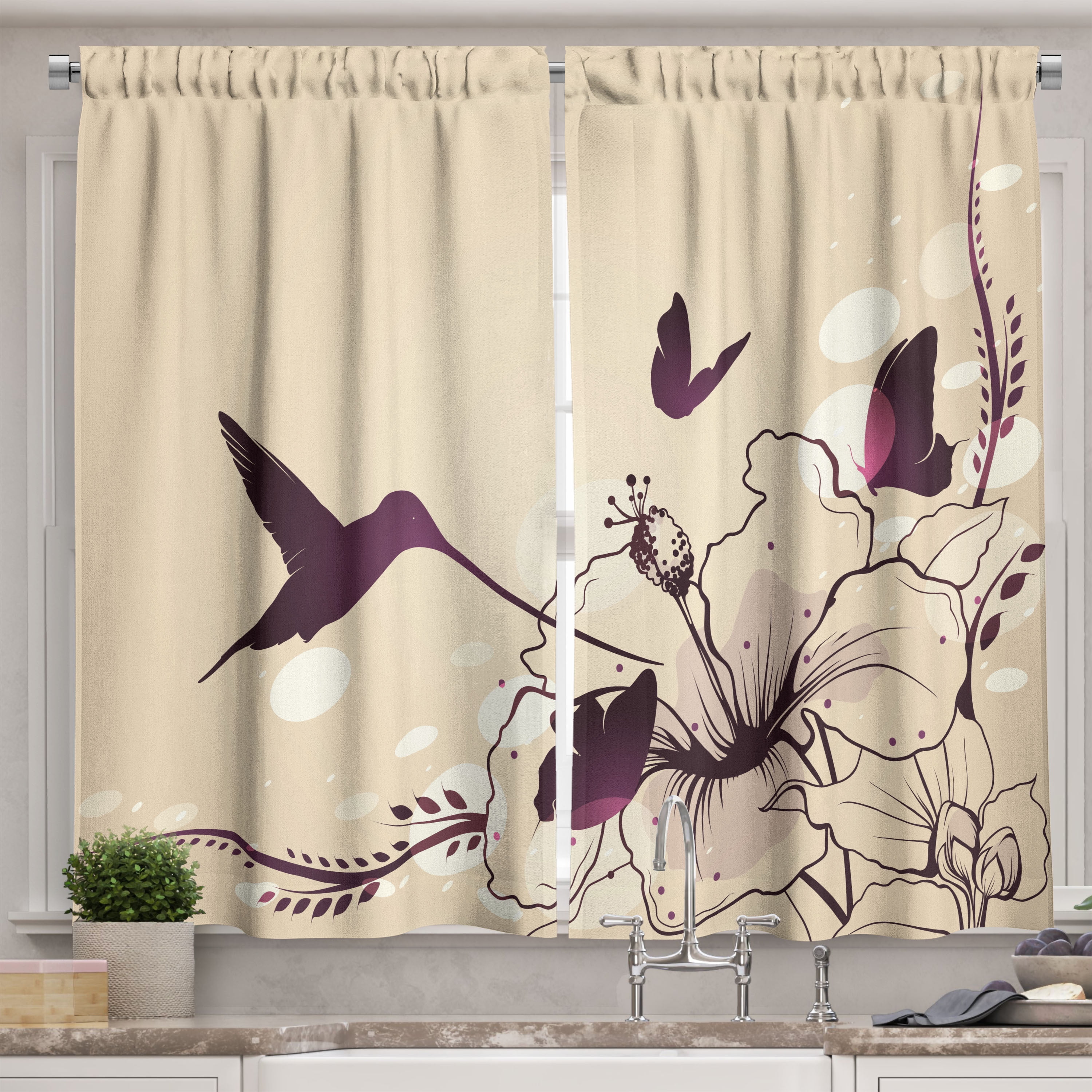 Ambesonne Birds Kitchen Curtains, Flappy Tiny Hummingbirds, 55"x39 ...