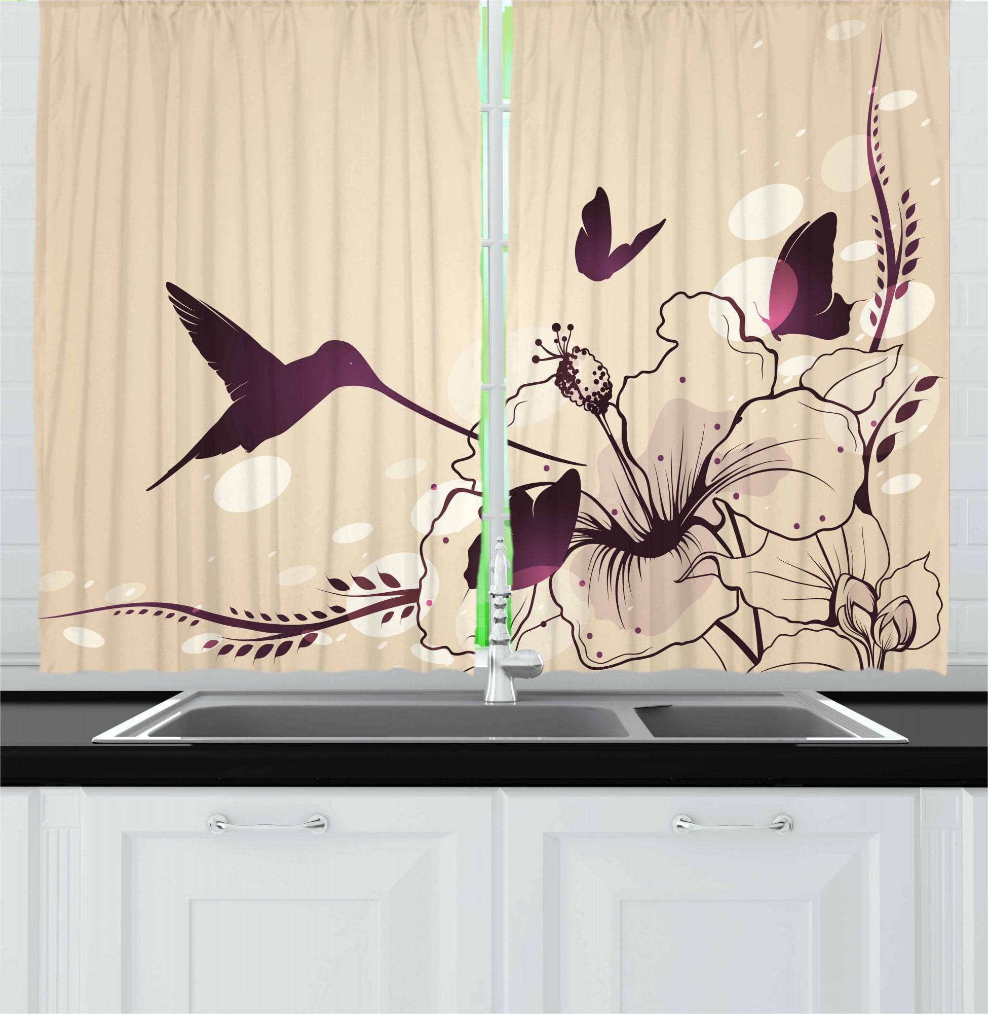 Ambesonne Birds Kitchen Curtains, Flappy Tiny Hummingbirds, 55"x45 ...