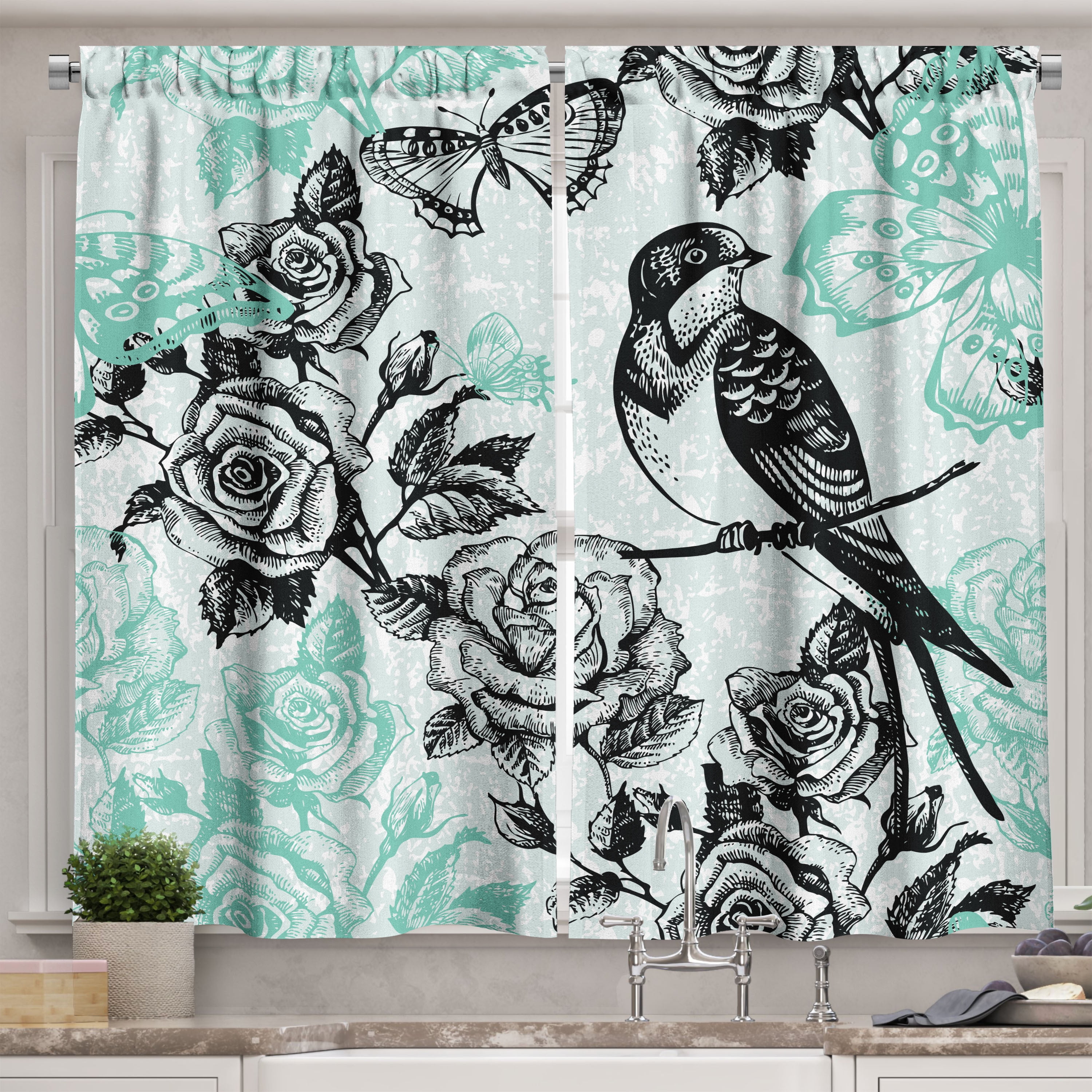 Ambesonne Birds Kitchen Curtains, Mockingbird on Rose Tree, 55"x39 ...