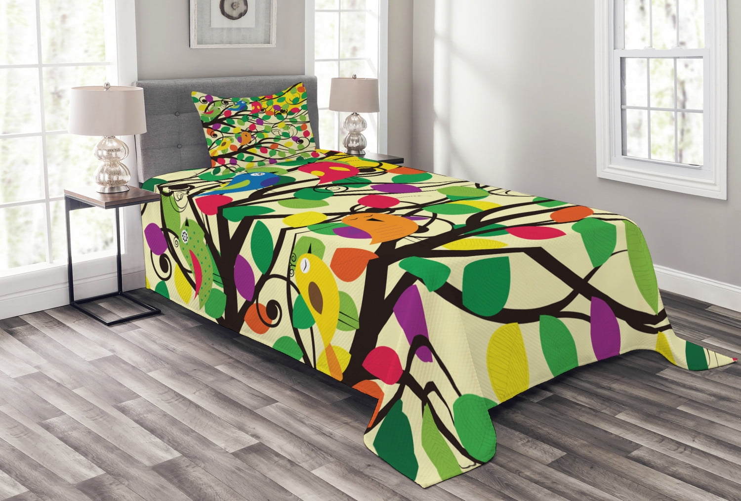 Ambesonne Birds Quilted Bedspread Set 2 Pcs, Happy Birds Colorful Tree ...