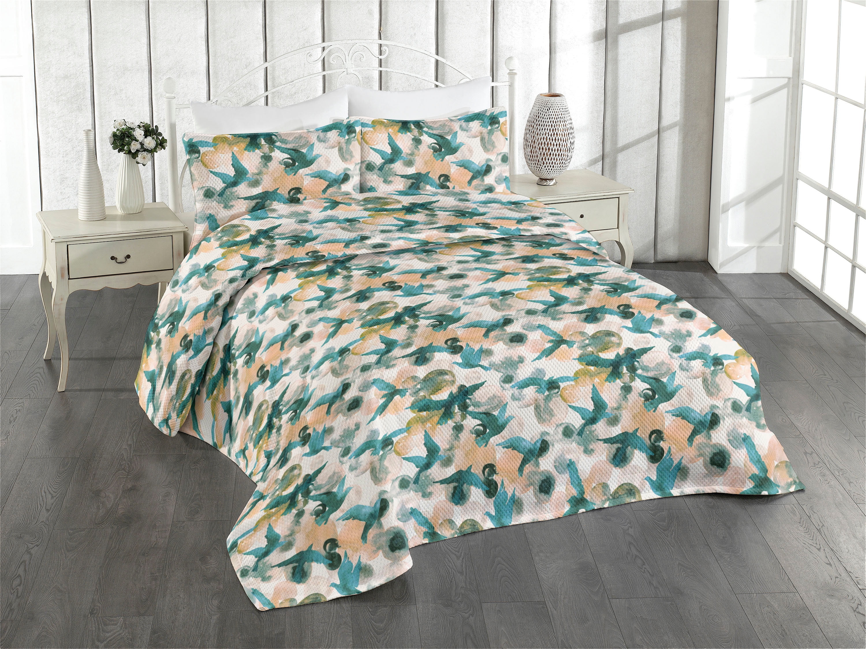 Ambesonne Birds Quilted Bedspread Set 3 Pcs, Flying Swallow Silhouettes ...