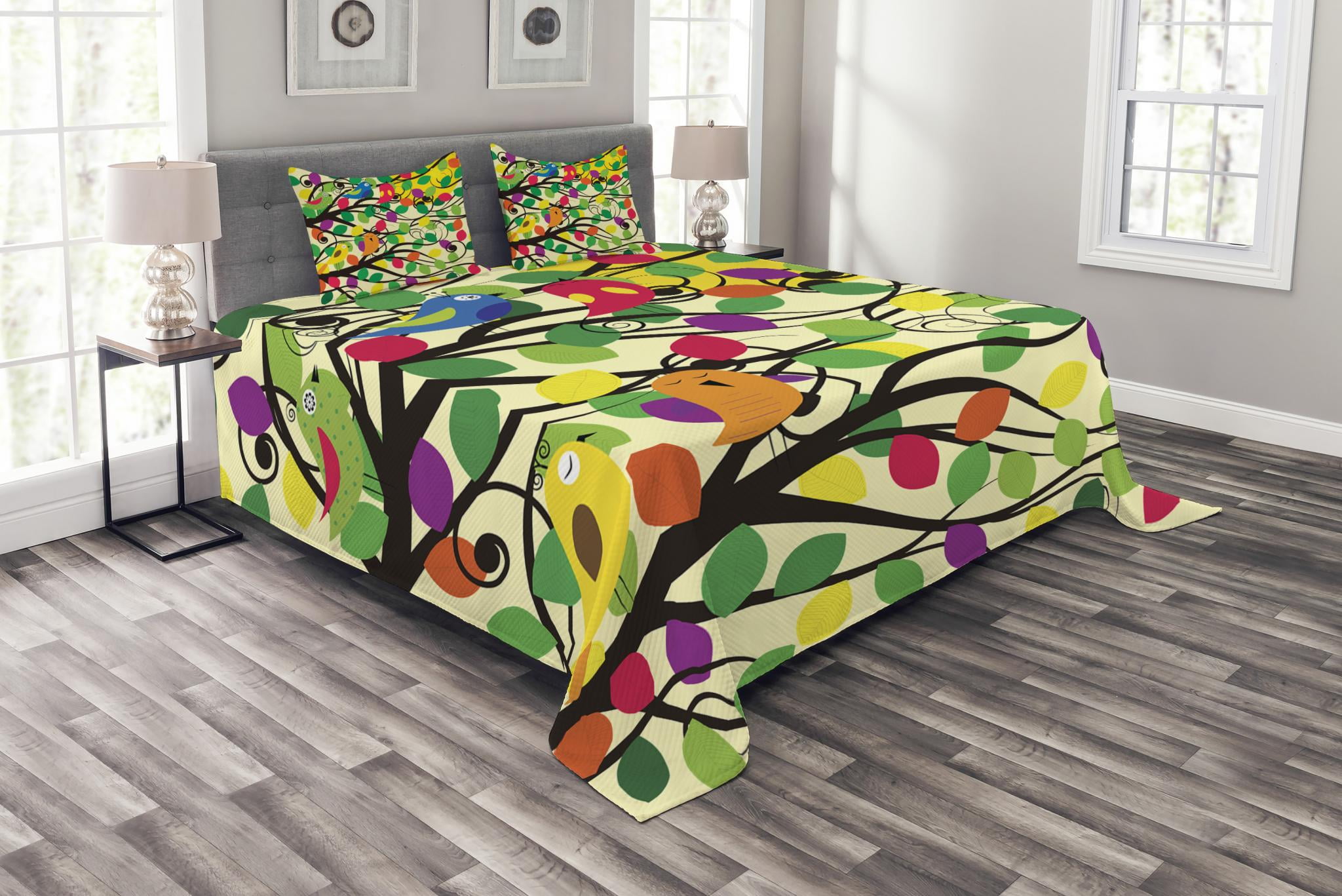 Ambesonne Birds Quilted Bedspread Set 3 Pcs, Happy Birds Colorful Tree ...