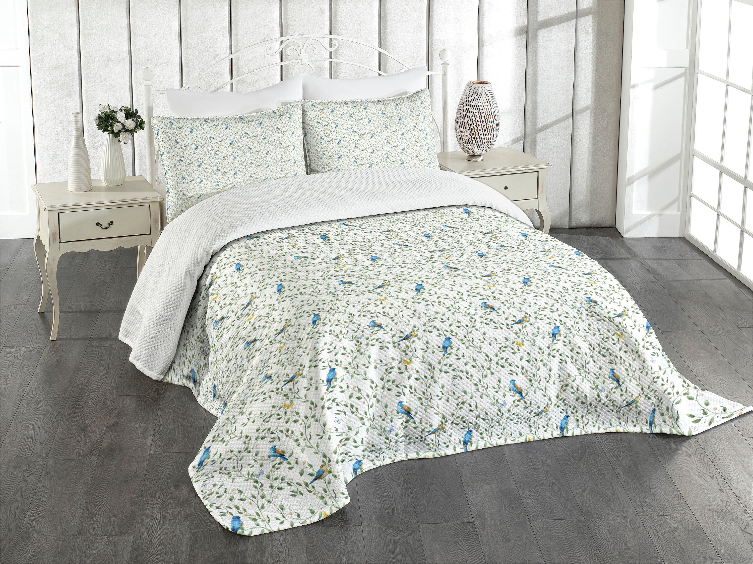 Ambesonne Birds Quilted Bedspread Set 3 Pcs, Thin Leafy Branches ...