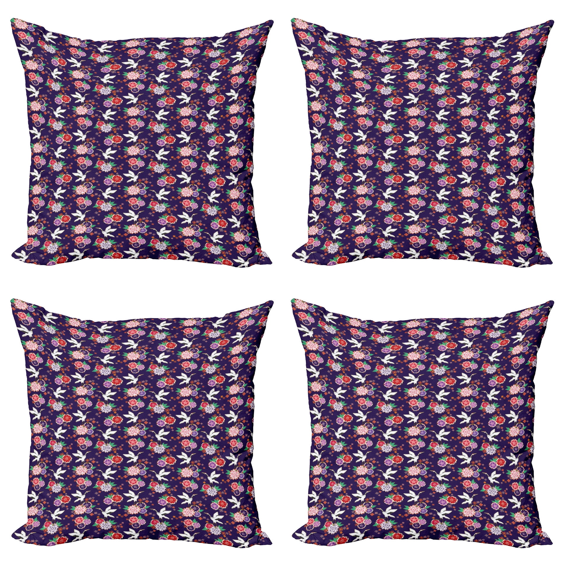 Ambesonne Birds Throw Pillow Cover 4 Pack, Flying Crane and Flowers, 18 ...