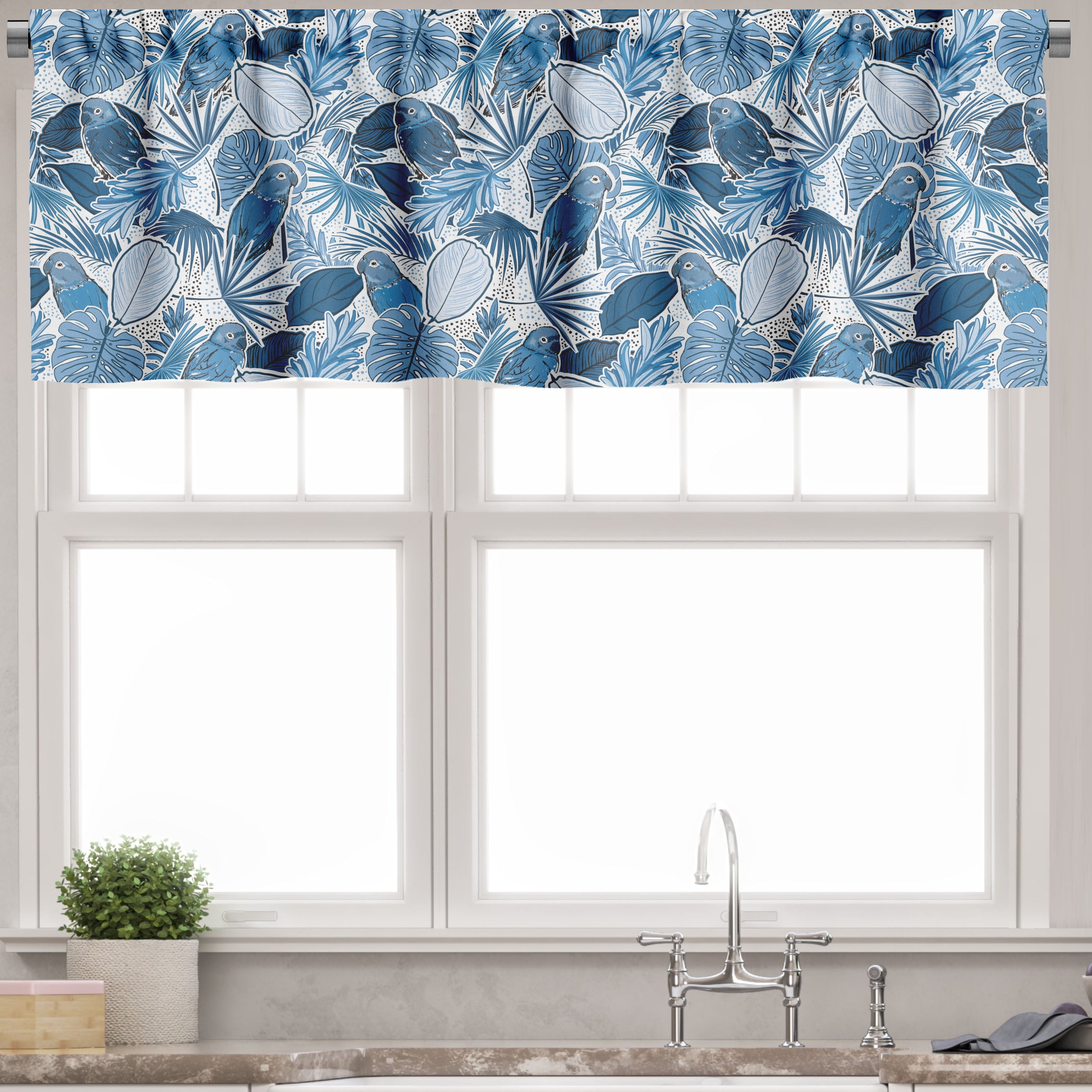 Ambesonne Birds Window Valance, Exotic Parrots Blue Leaves, 42" x 18 ...
