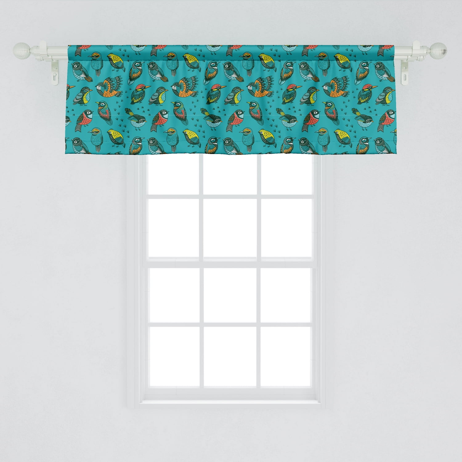 Ambesonne Birds Window Valance, Roosting Eastern Sparrow and Flying ...