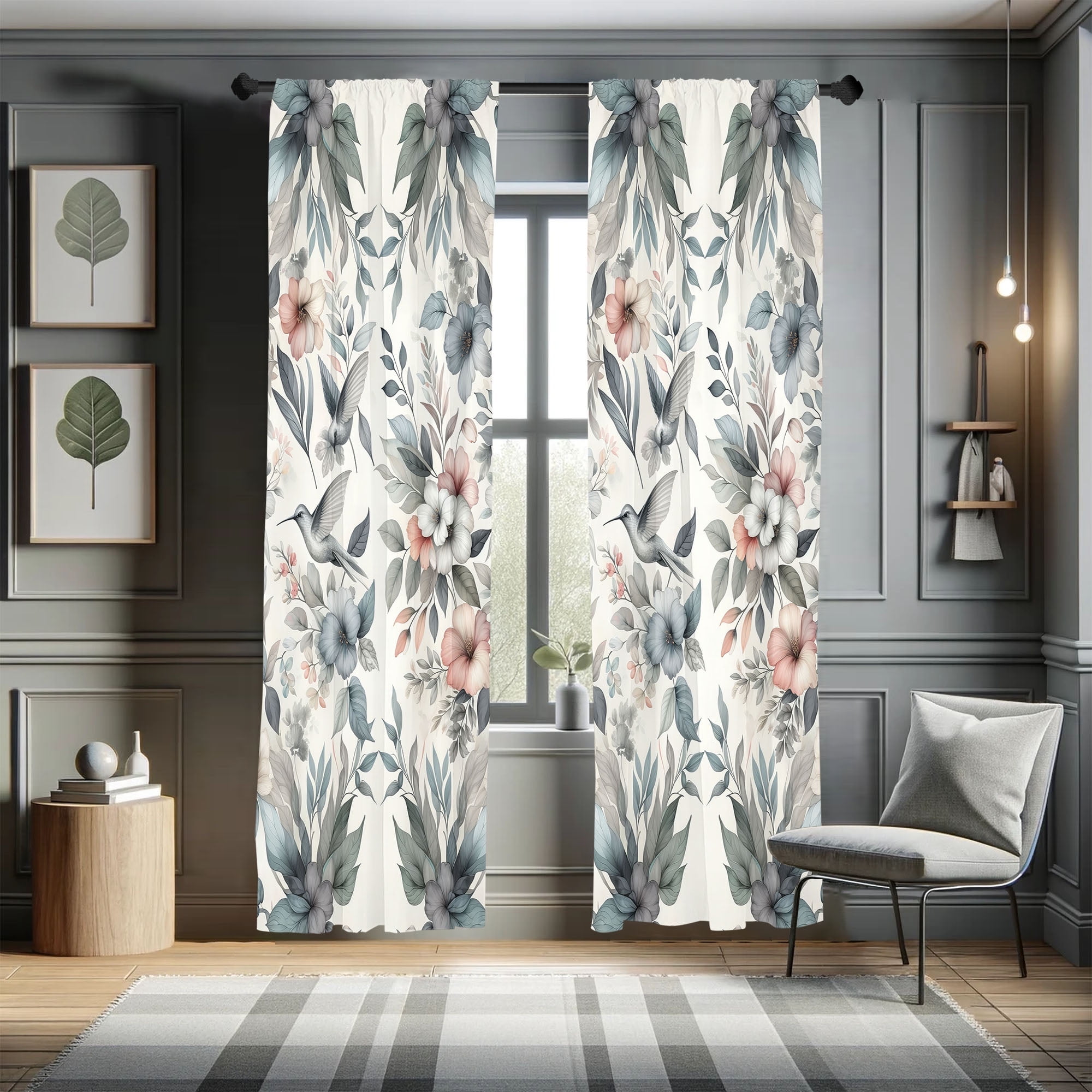 Ambesonne Birds and Nature Curtains 2 Panel Set, Muted Leafy Floral ...