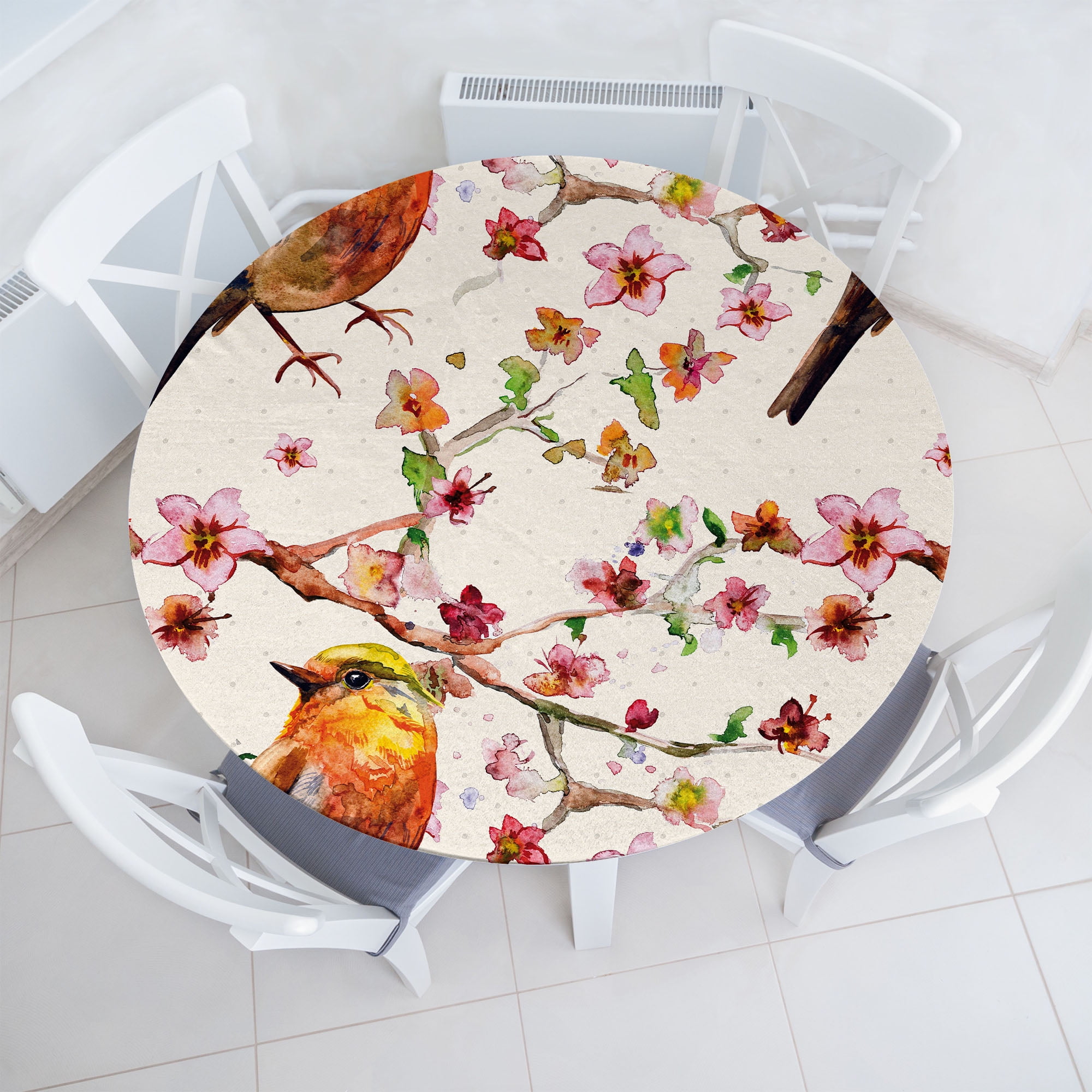 Ambesonne Birds and Nature Fitted Round Tablecloth, Japanese Sparrow ...