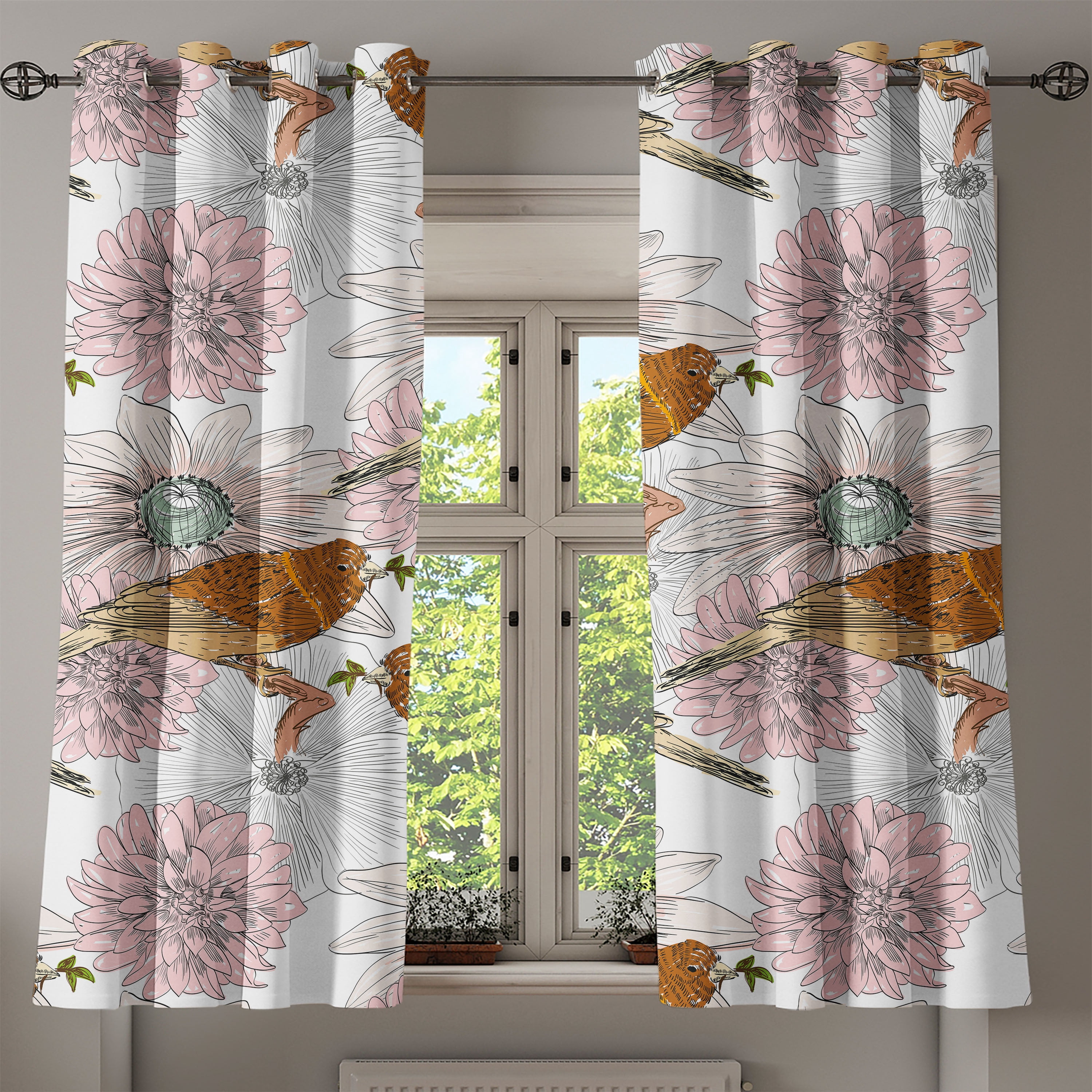 Ambesonne Birds and Nature Grommet Curtain, Art Sketchy Flower, 50"x60 ...