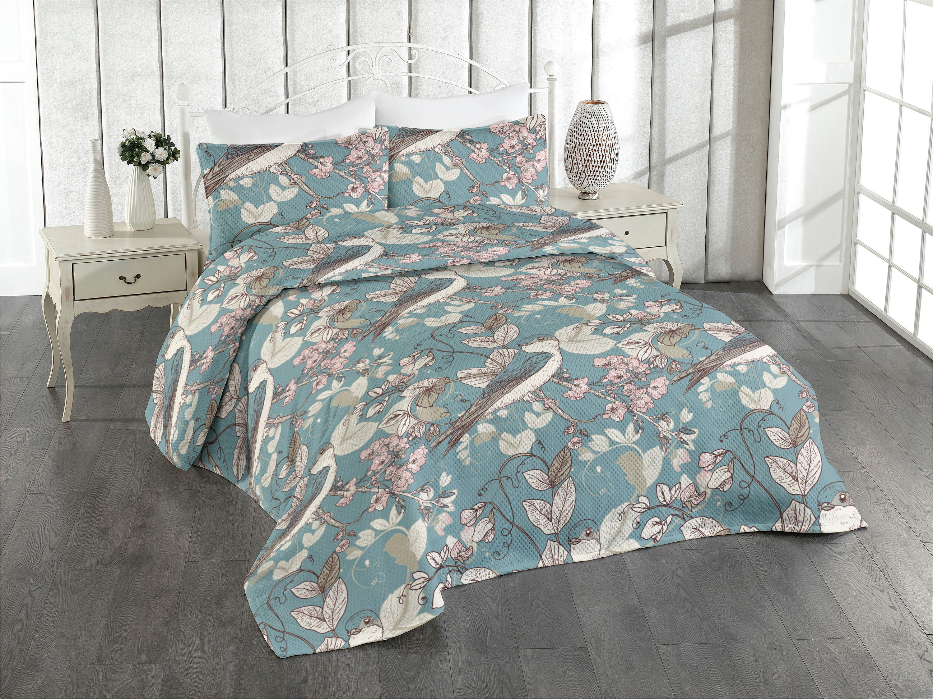 Ambesonne Birds and Nature Quilted Bedspread Set 3 Pcs, Art Sakura ...