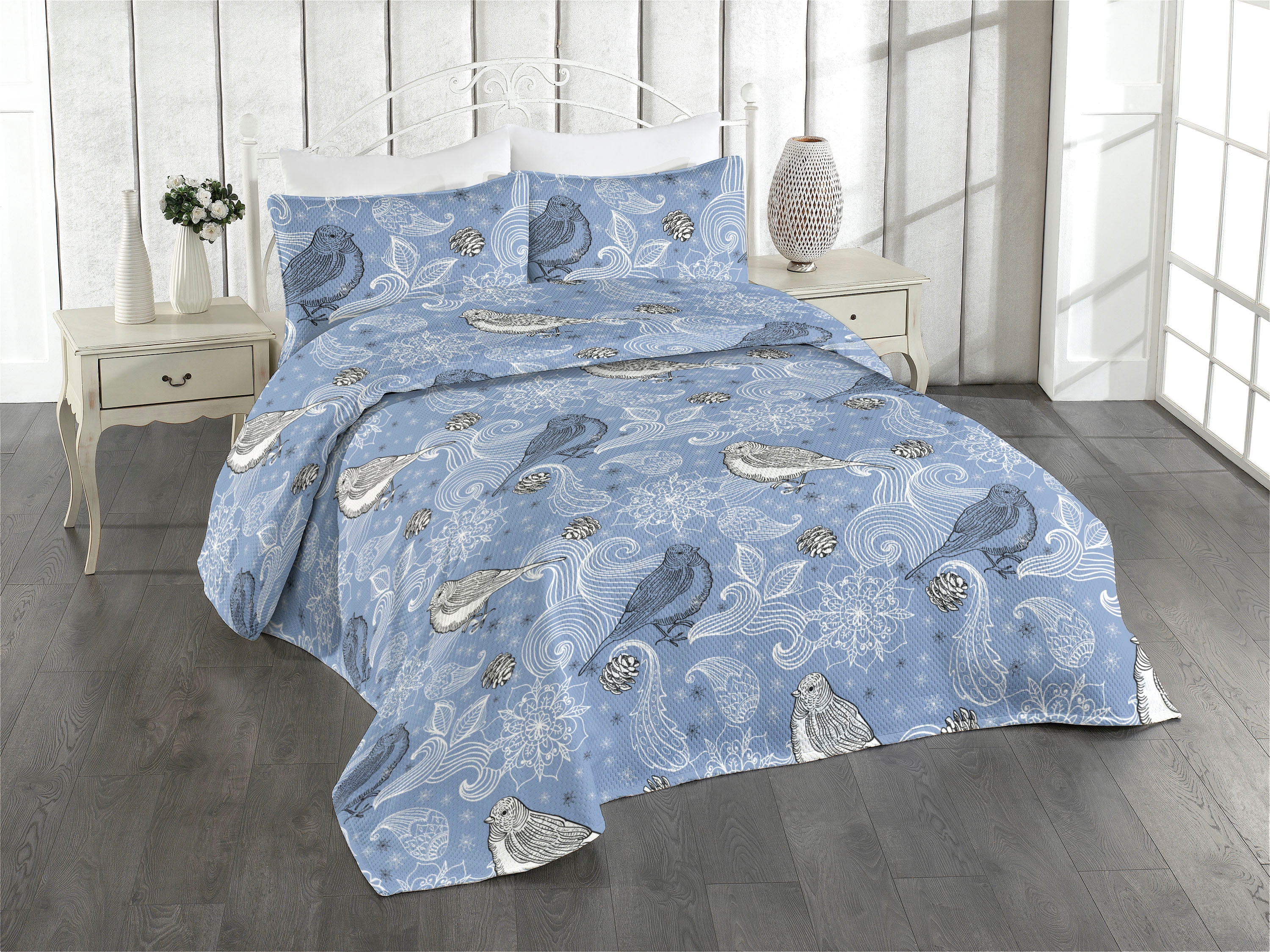 Ambesonne Birds and Nature Quilted Bedspread Set 3 Pcs, Floral Outline ...