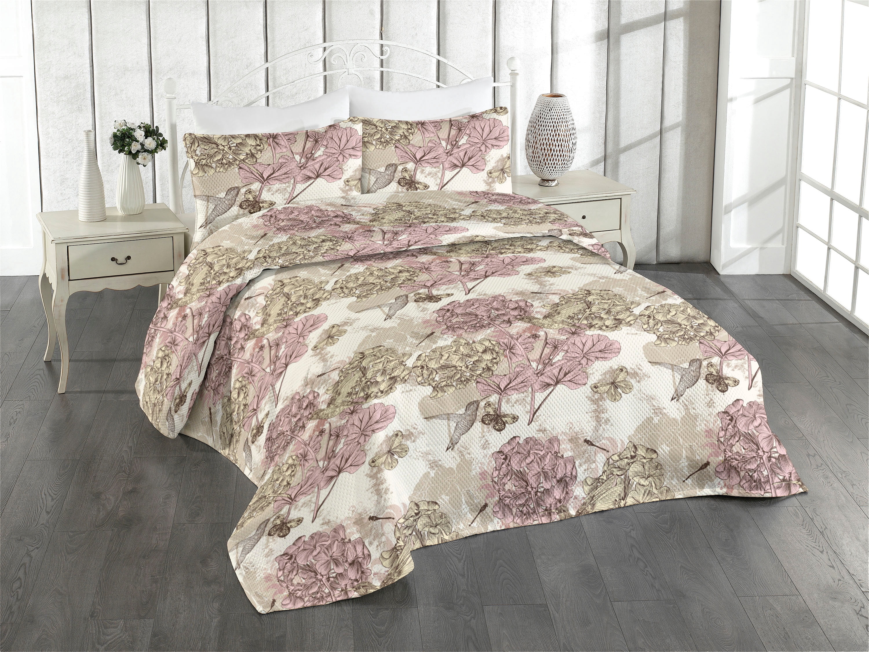 Ambesonne Birds and Nature Quilted Bedspread Set 3 Pcs, Hummingbirds ...