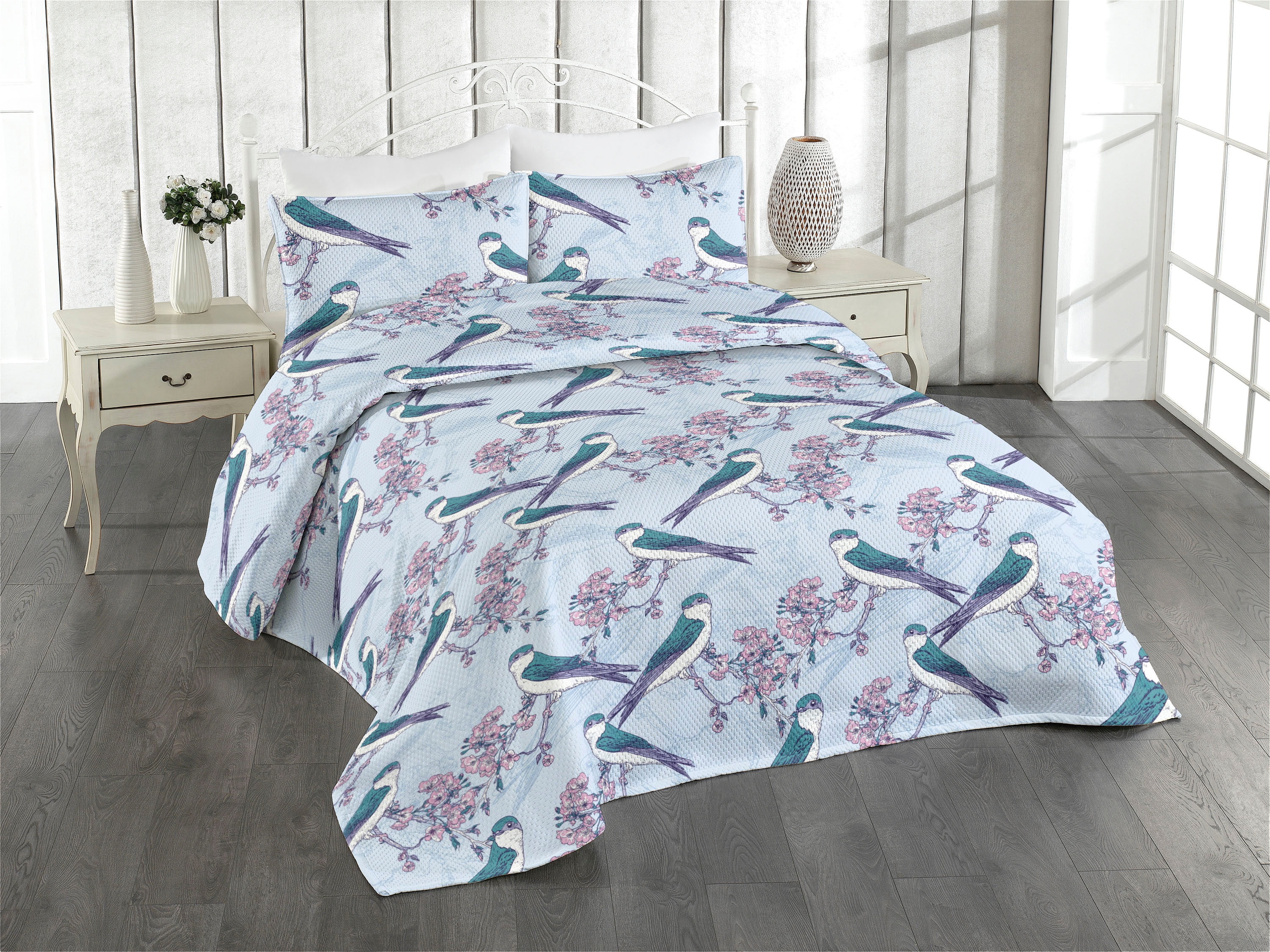 Ambesonne Birds and Nature Quilted Bedspread Set 3 Pcs, Japan Sakura ...