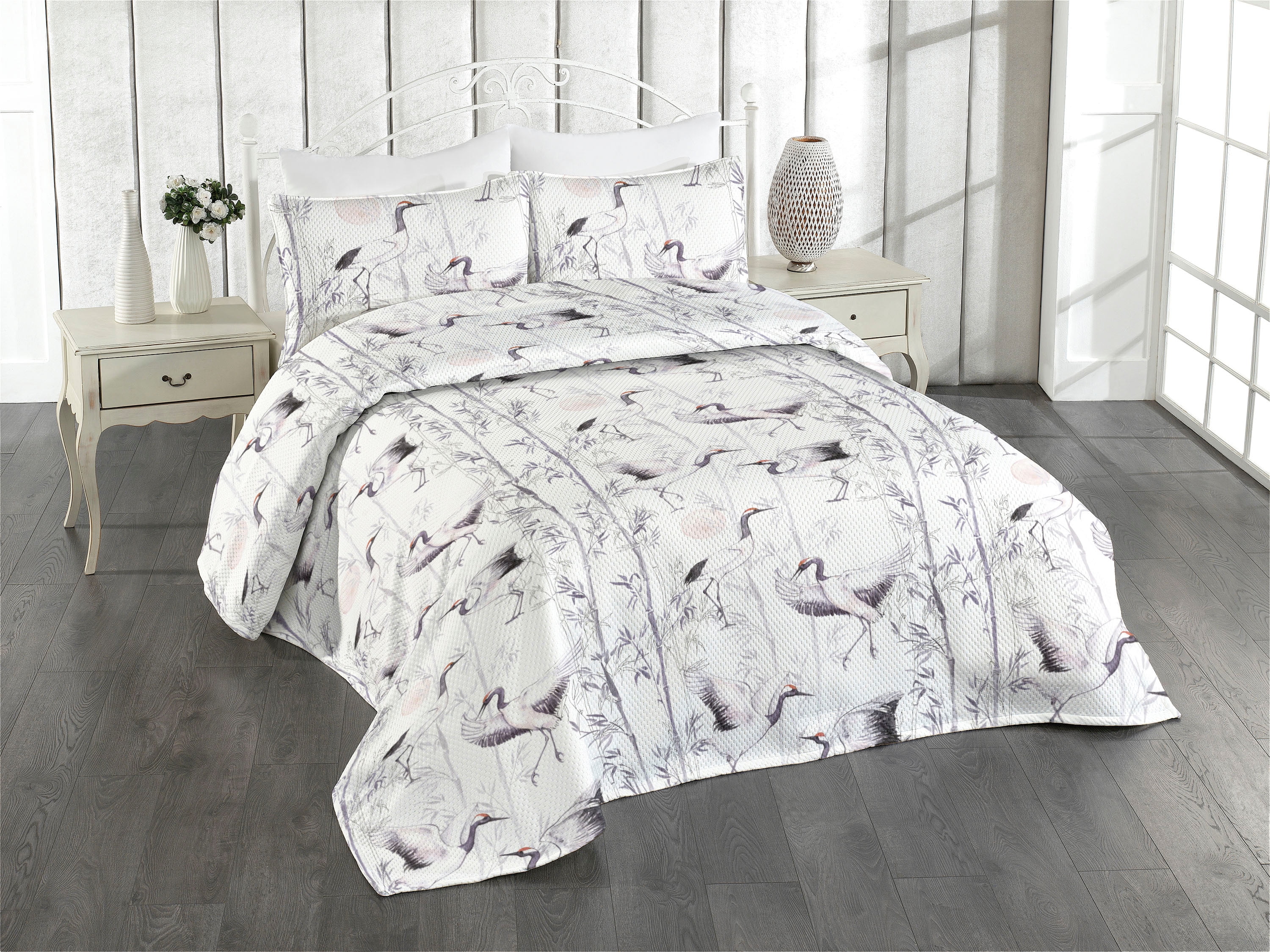 Ambesonne Birds and Nature Quilted Bedspread Set 3 Pcs, Japanese Crane ...