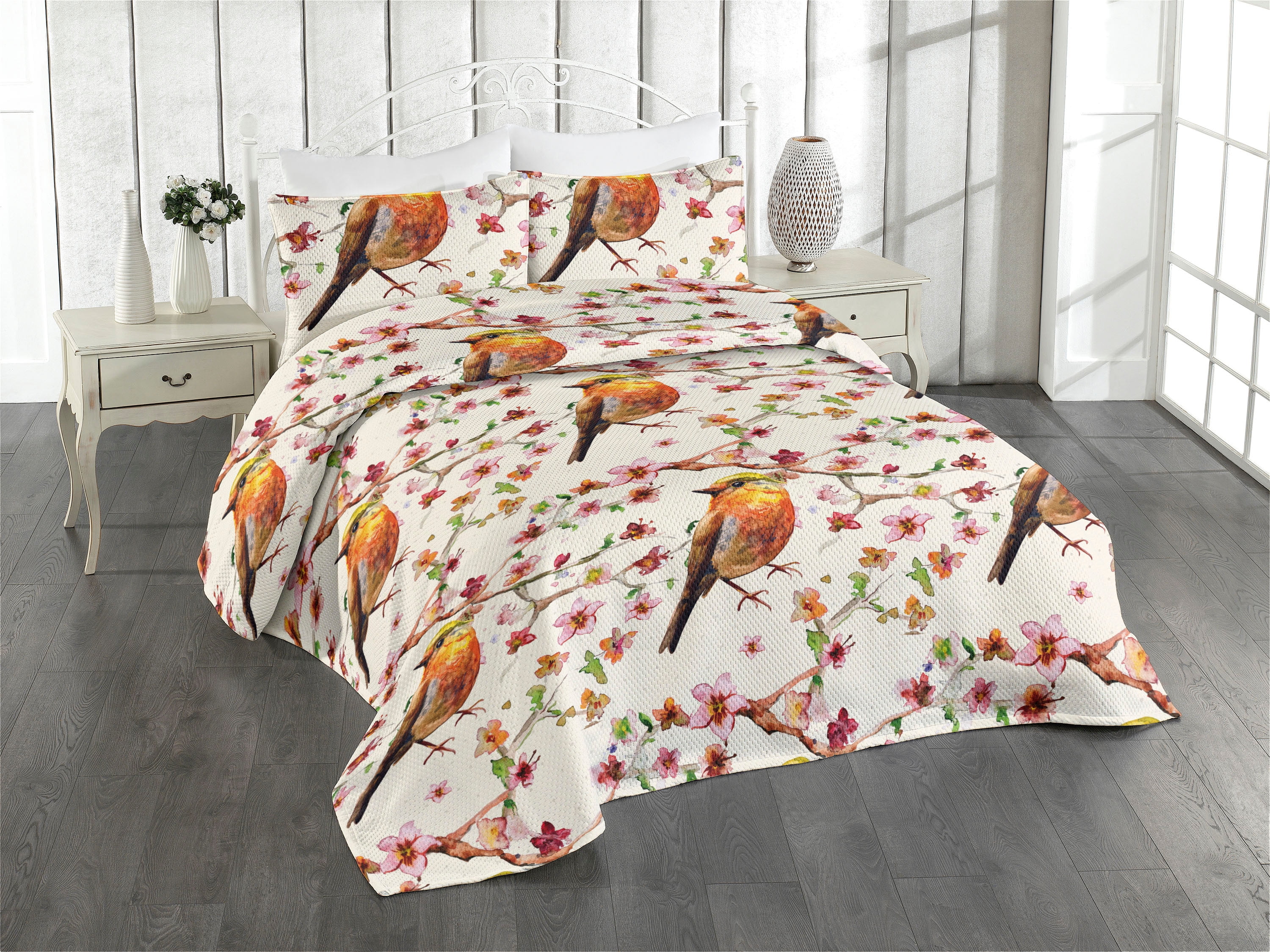Ambesonne Birds and Nature Quilted Bedspread Set 3 Pcs, Japanese ...