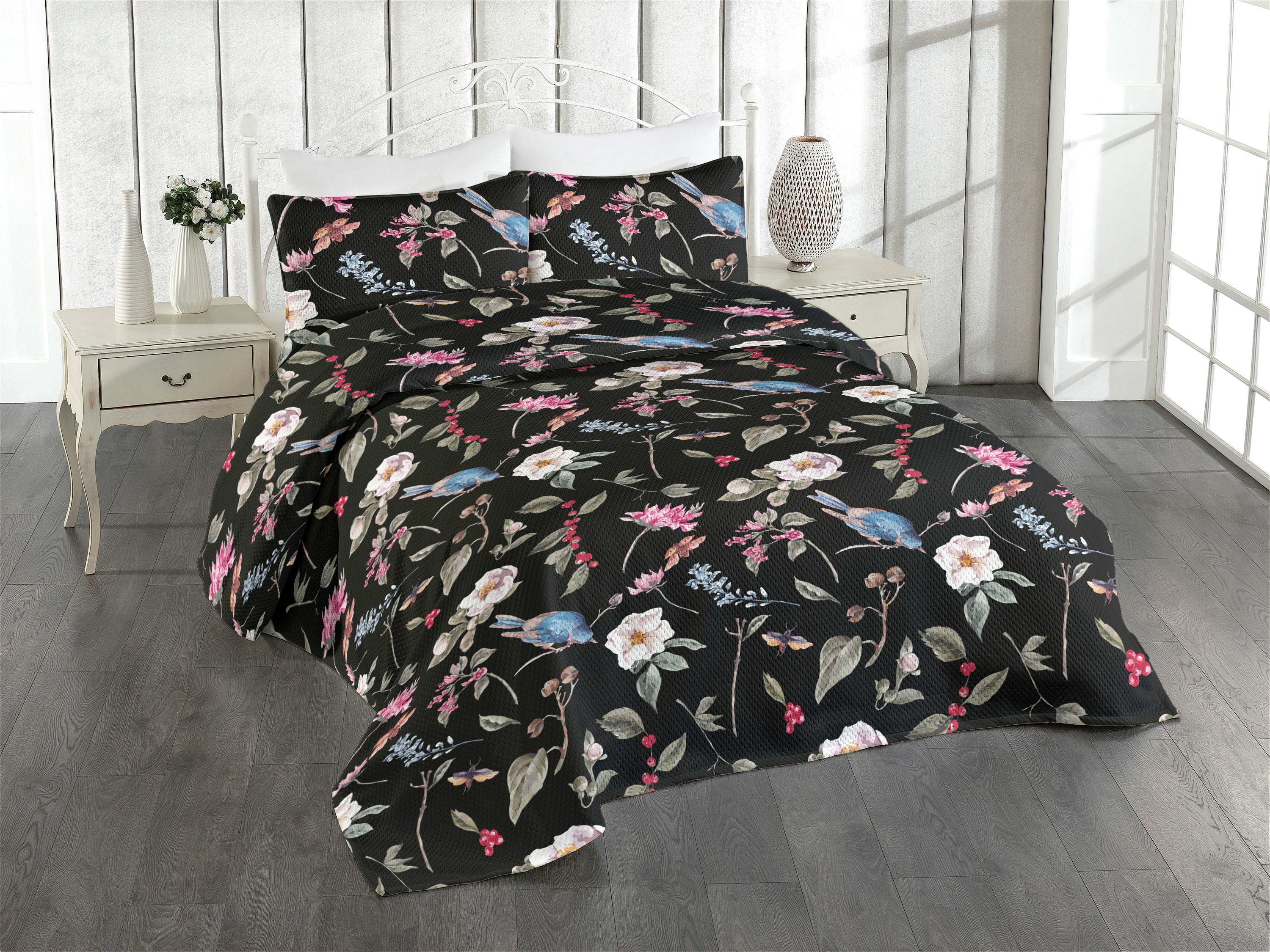 Ambesonne Birds and Nature Quilted Bedspread Set 3 Pcs, Jungle Exotic ...