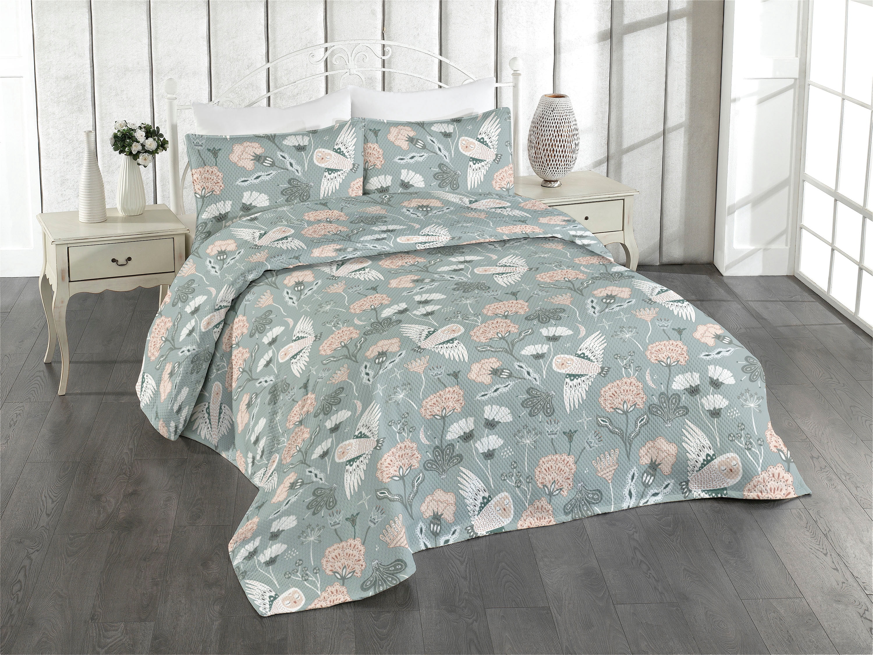 Ambesonne Birds and Nature Quilted Bedspread Set 3 Pcs, Oriental Owl ...