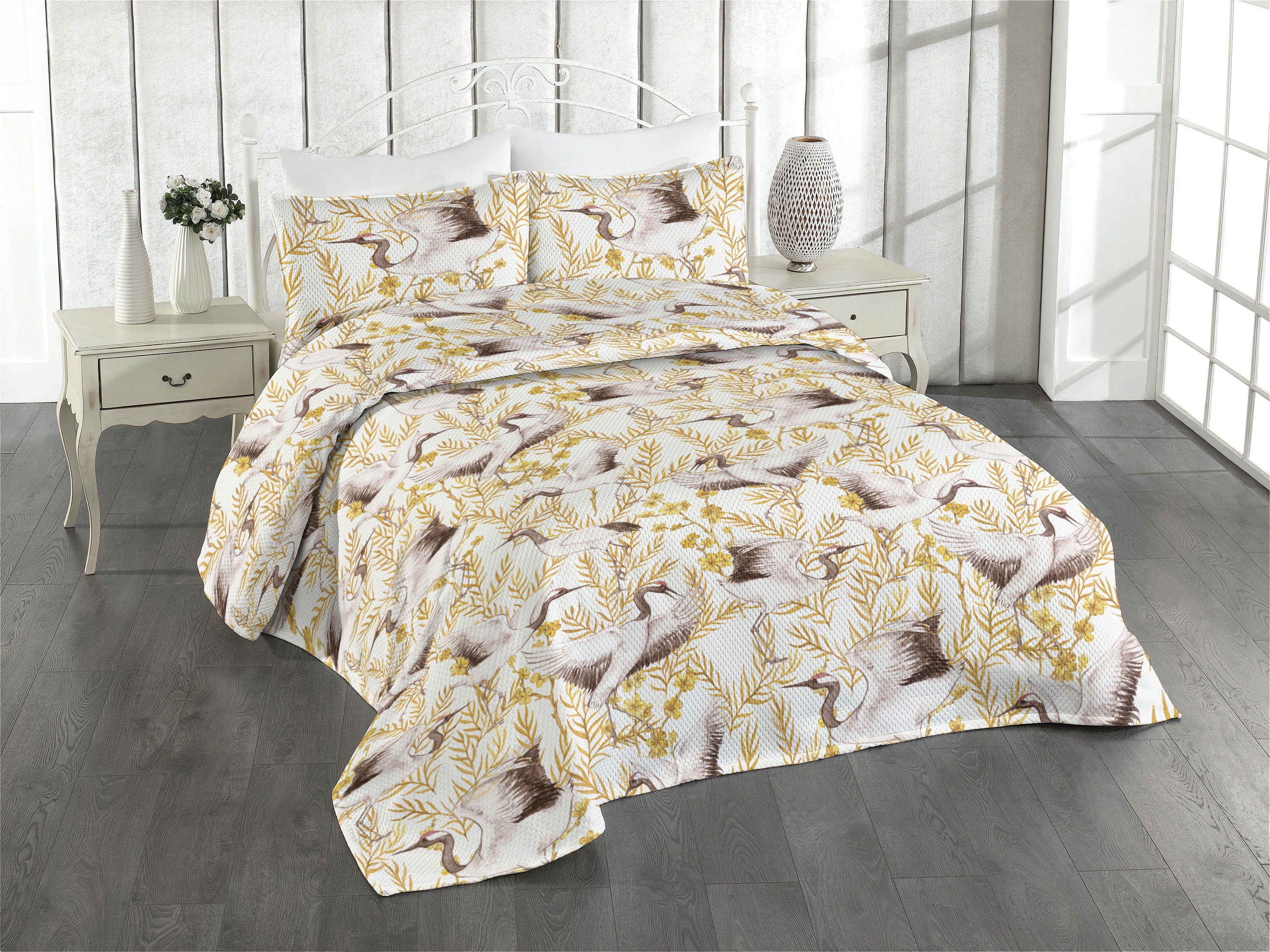 Ambesonne Birds and Nature Quilted Bedspread Set 3 Pcs, Simple Crane ...