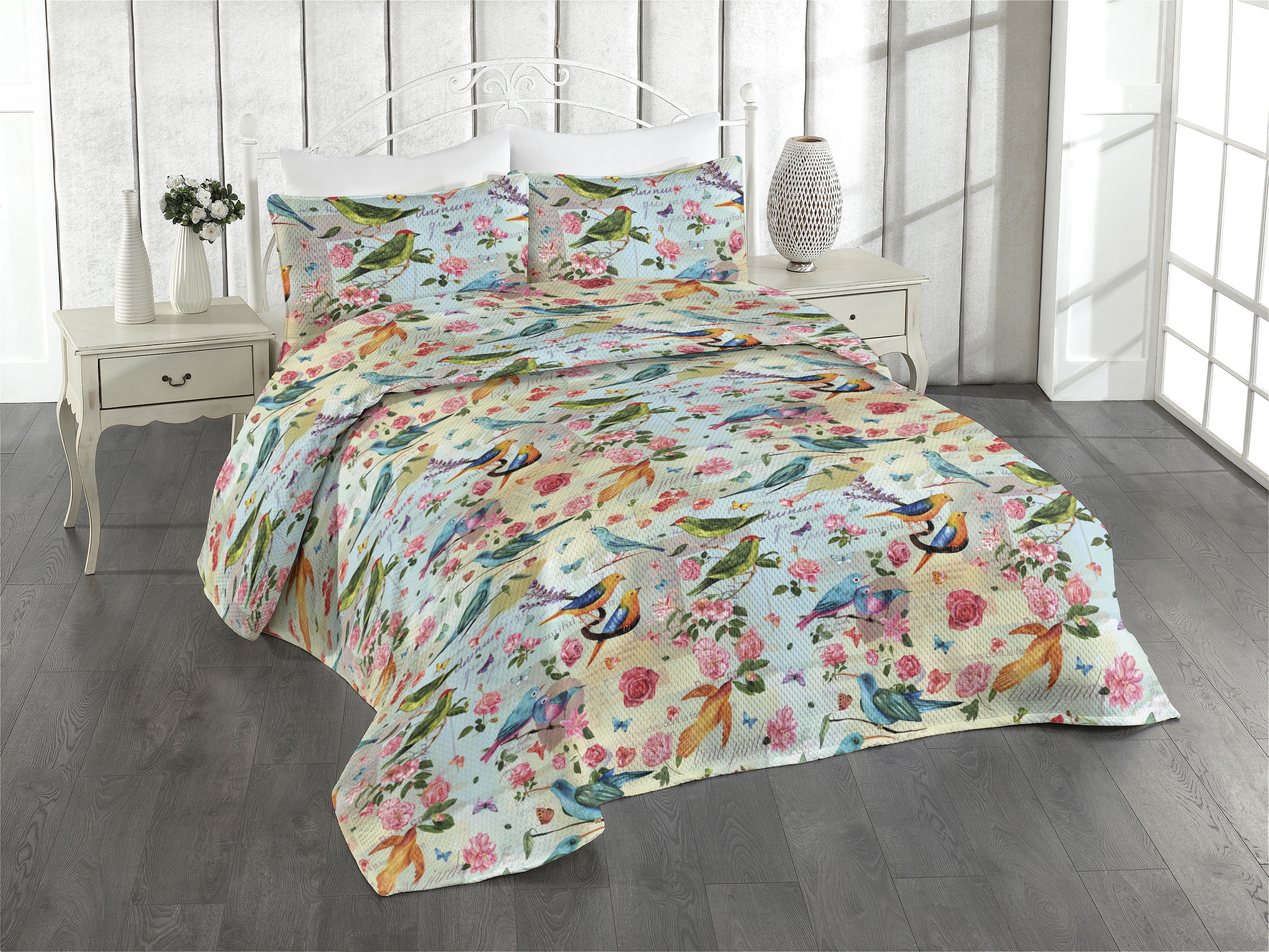 Ambesonne Birds and Nature Quilted Bedspread Set 3 Pcs, Watercolor ...