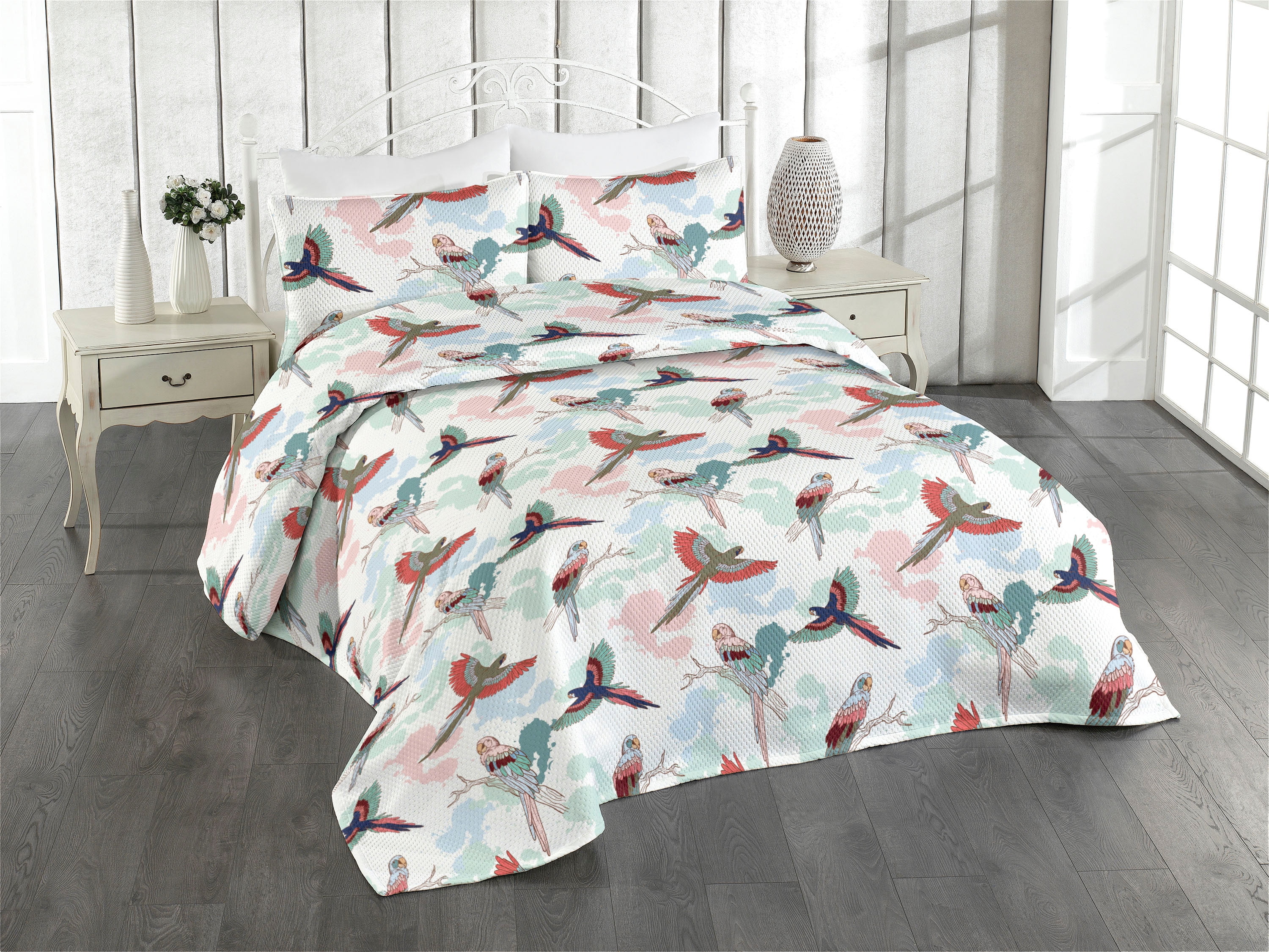 Ambesonne Birds and Nature Quilted Bedspread Set 3 Pcs, Wild Jungle ...