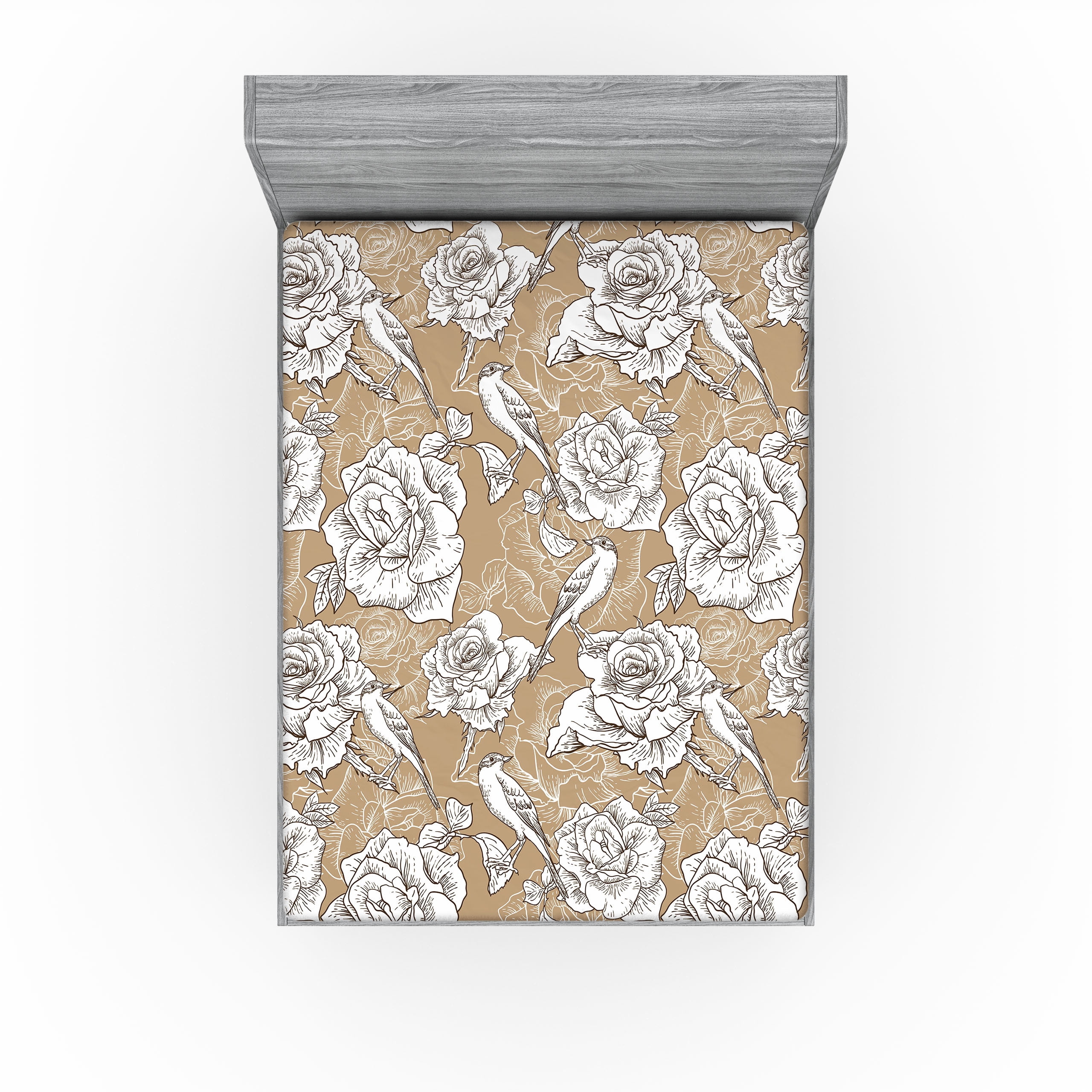 Ambesonne Birds and Roses Fitted Sheet, Art Bitonal Flowers, King Size ...