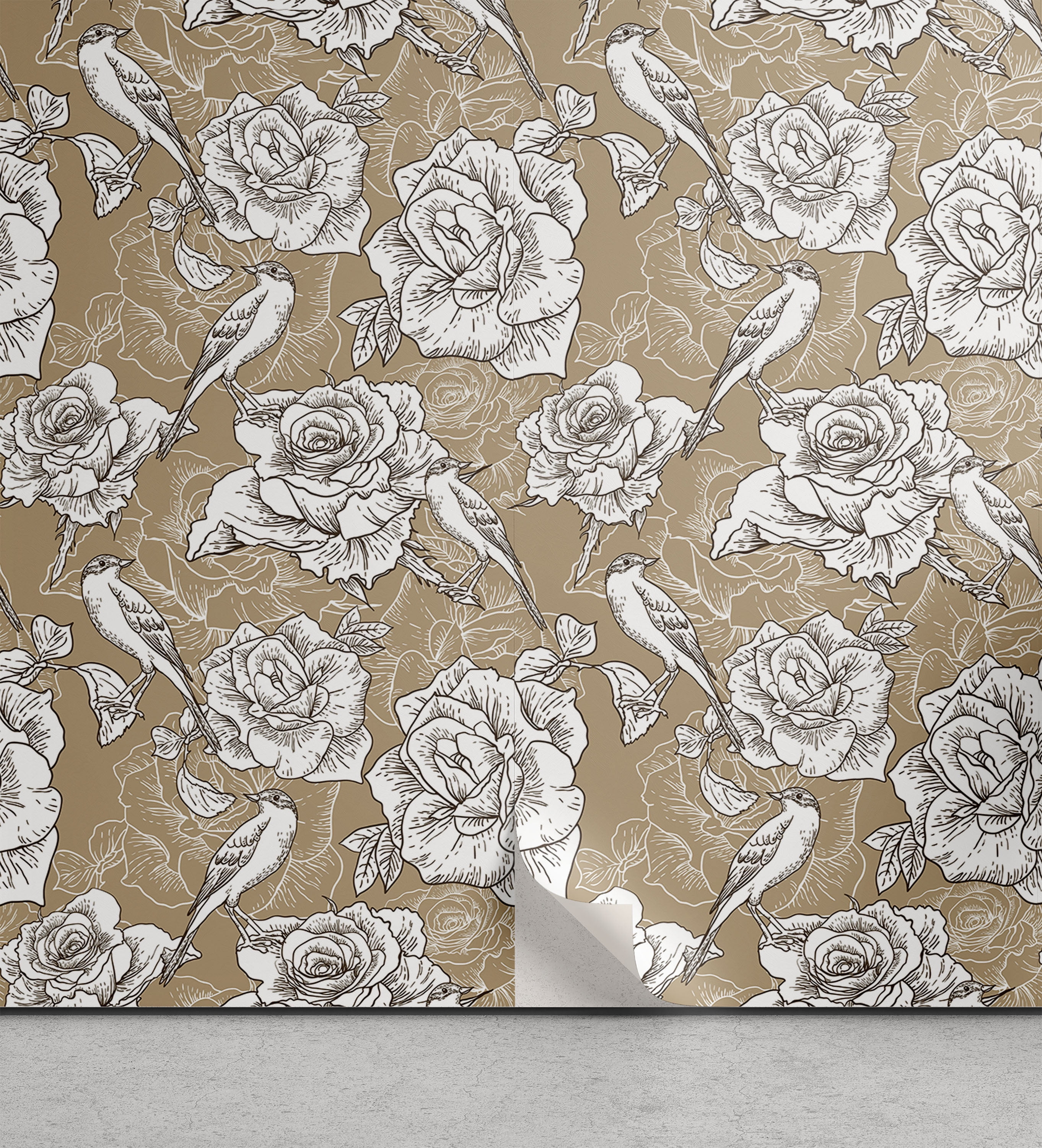 Ambesonne Birds and Roses Peel & Stick Wallpaper for Home, Art Bitonal ...
