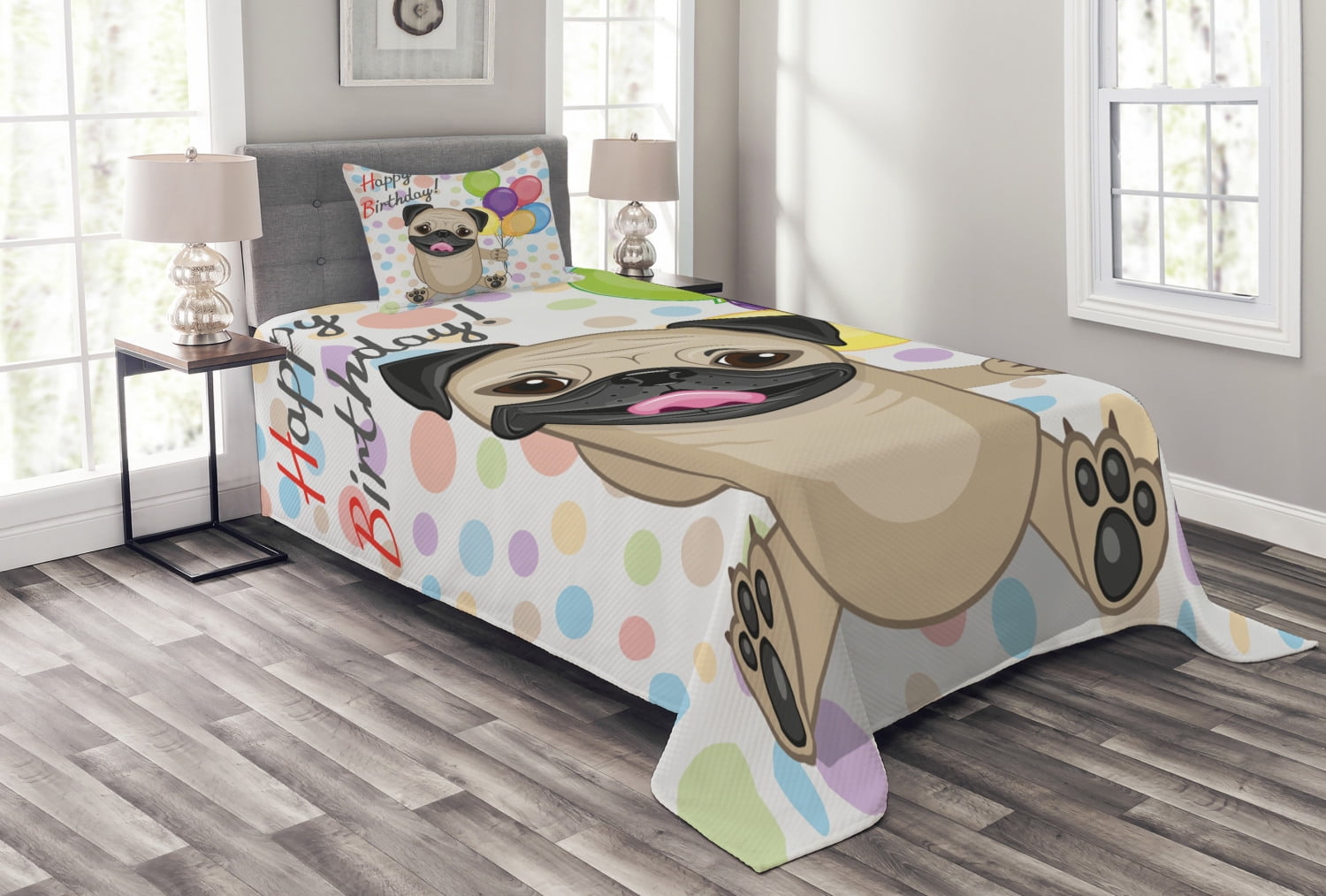 Ambesonne Birthday Quilted Bedspread Set 2 Pcs, Birthday Pug Dog, Twin ...
