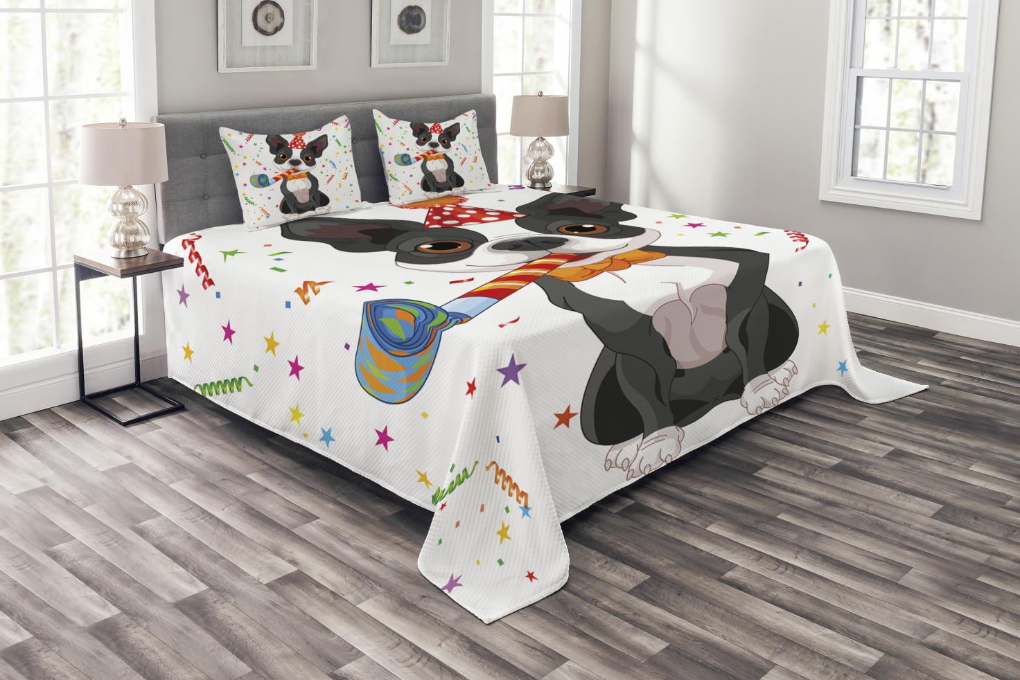 Ambesonne Birthday Quilted Bedspread Set 3 Pcs, Boston Terrier Dog ...