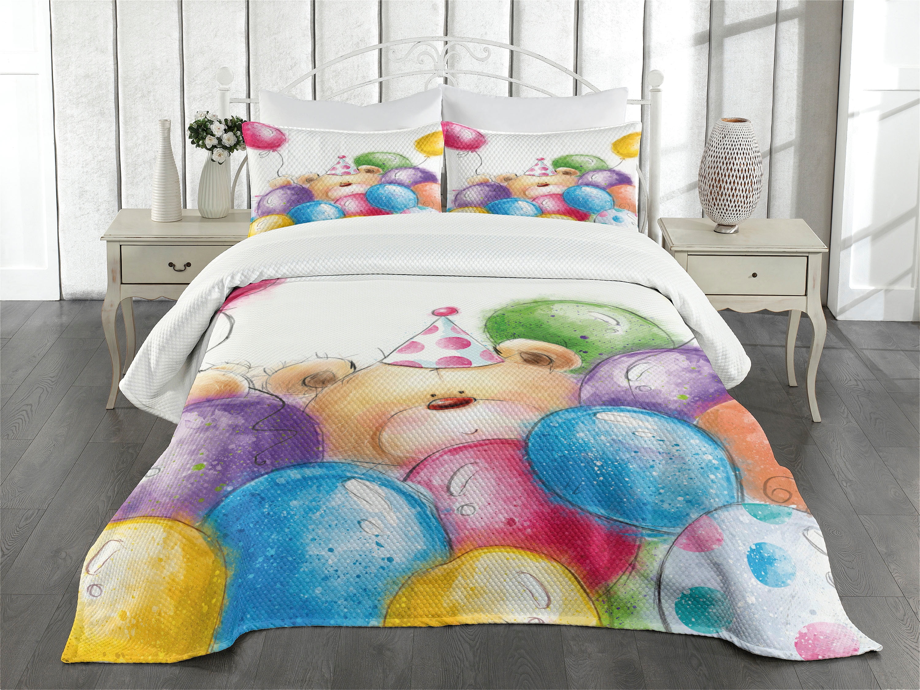 Ambesonne Birthday Quilted Bedspread Set 3 Pcs, Sketchy Bear Balloons ...